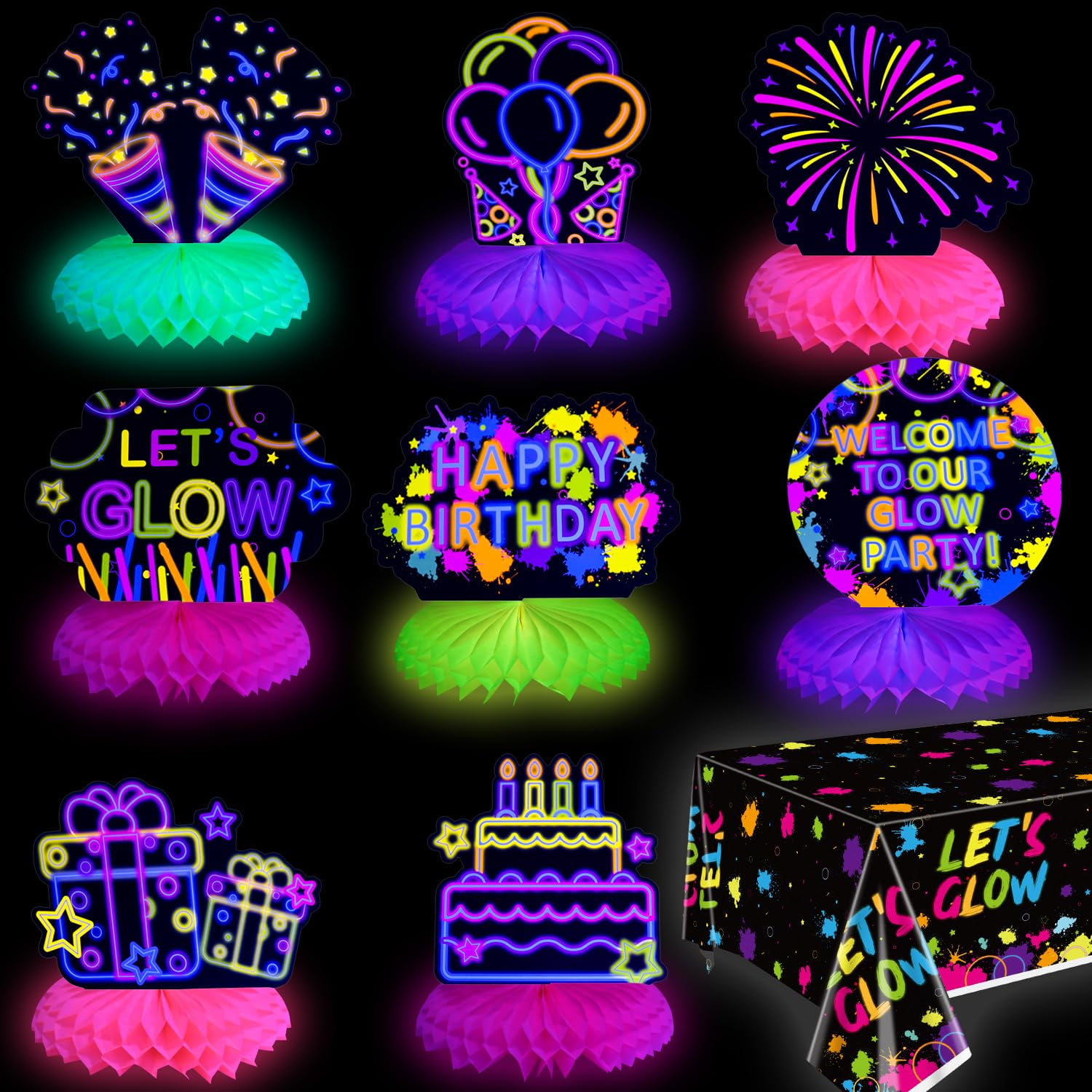 10 Pieces Glow in The Dark Party Table Neon Table Honeycomb Centerpiece ...