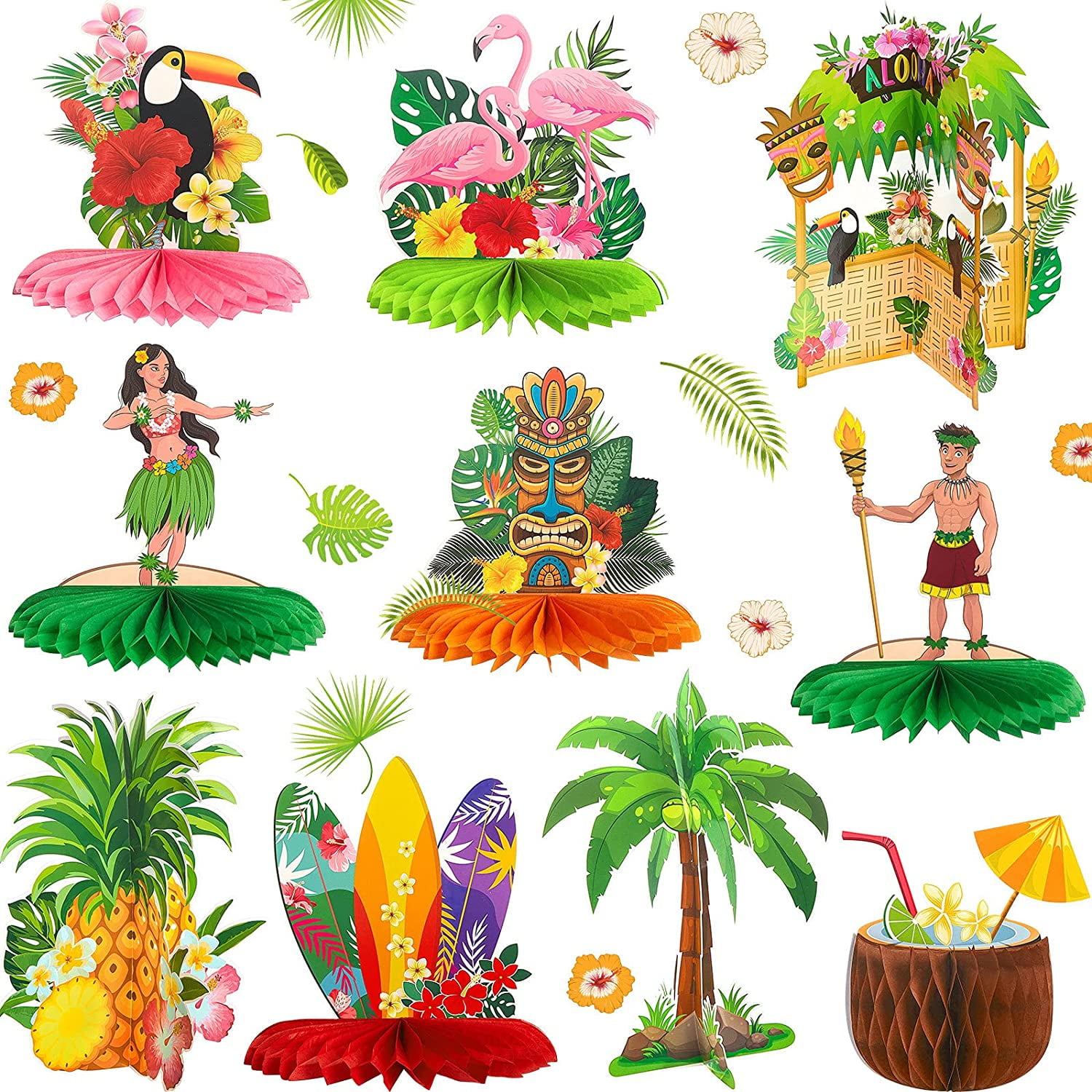 10 Pieces Hawaiian Luau Honeycomb Table Centerpiece Tiki Honeycomb ...