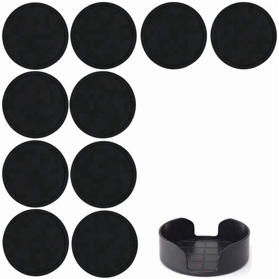 10 Pieces Plus Base Black 9.9cm Round Silicone Cup Coasters With Holder ...
