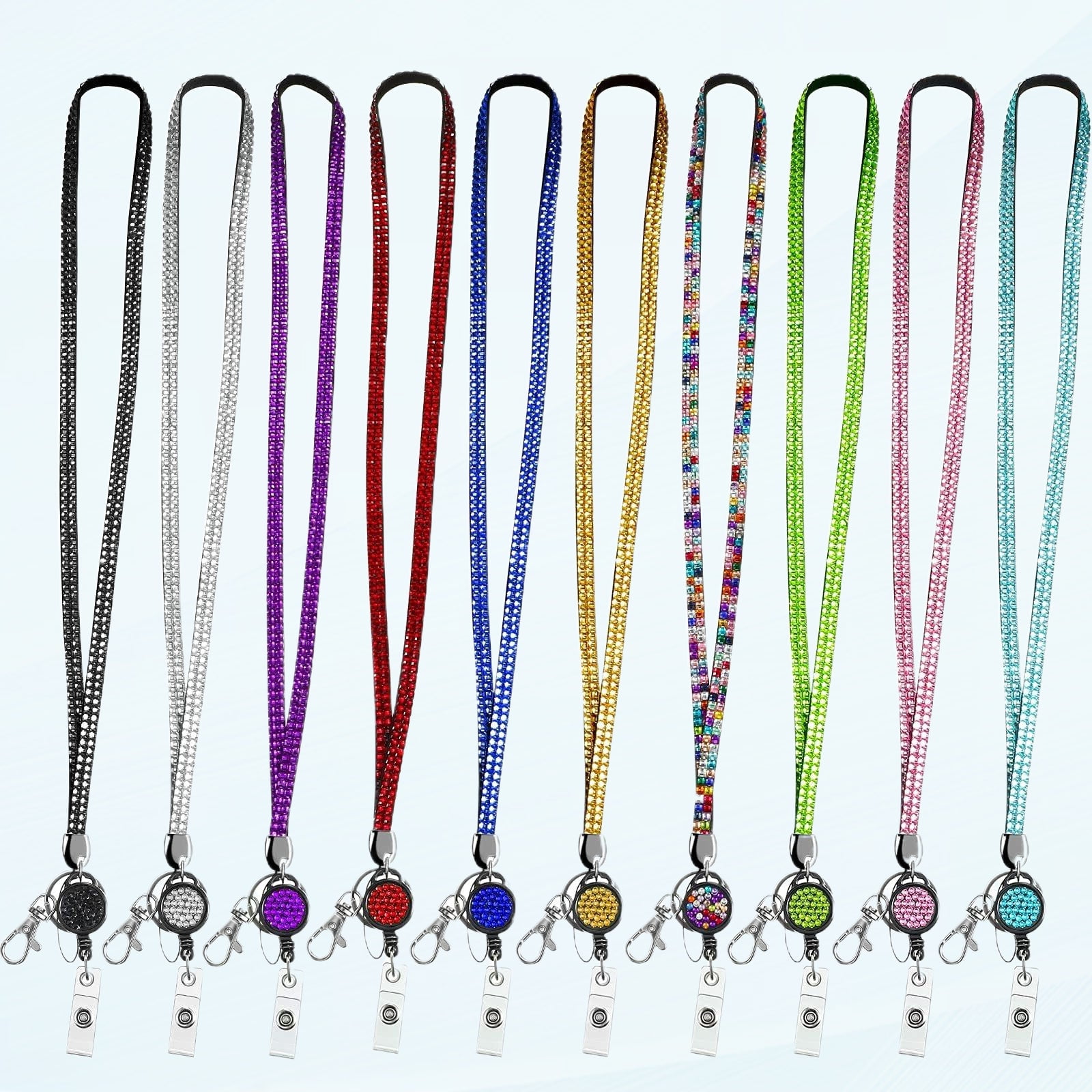 10 Pieces Rhinestone Lanyard Bling Glitter Badge Retractable Necklace ...