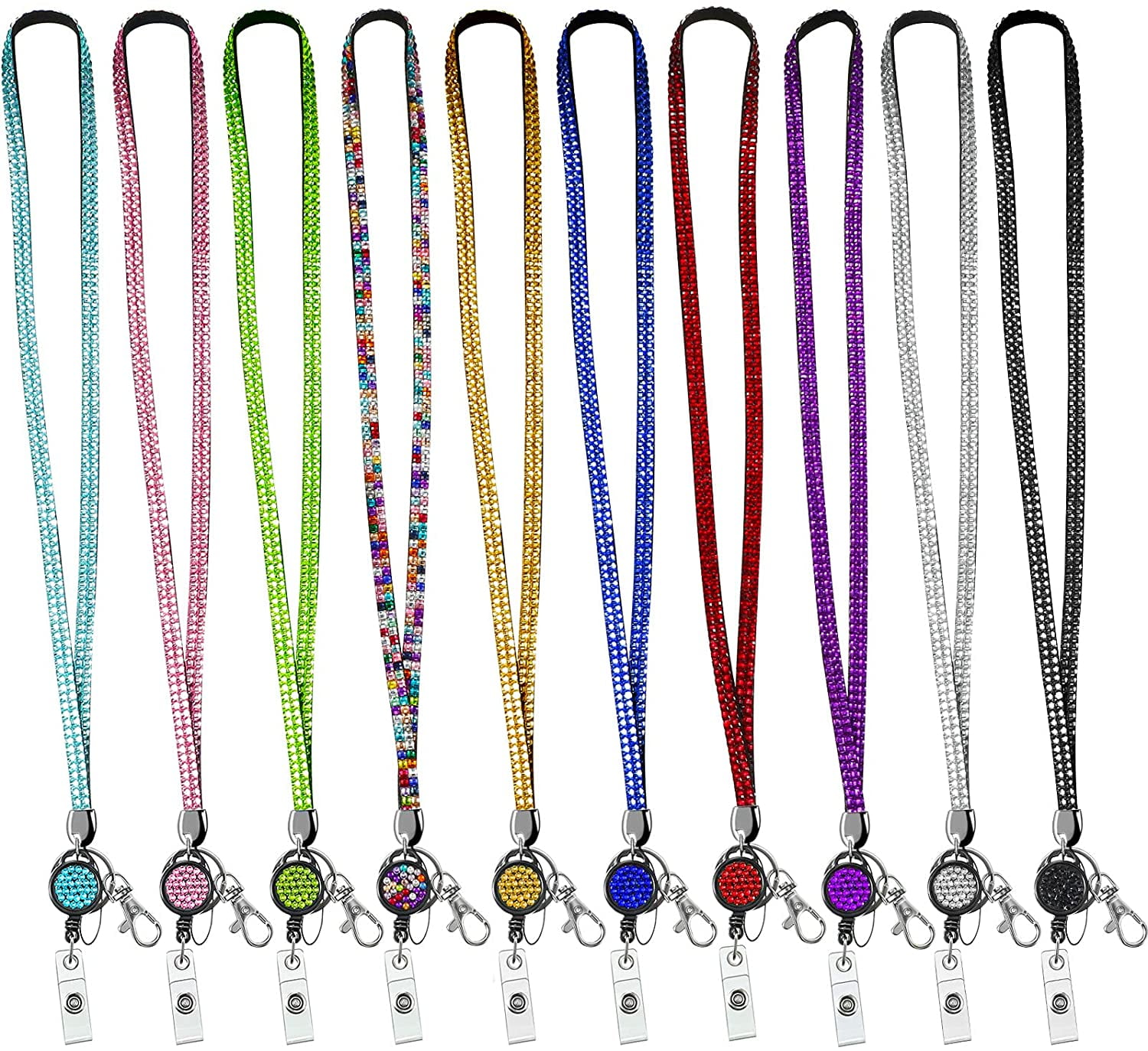 10 Pieces Rhinestone Lanyard Bling Glitter Retractable Necklace Badge Reel Lanyard with Safety ...
