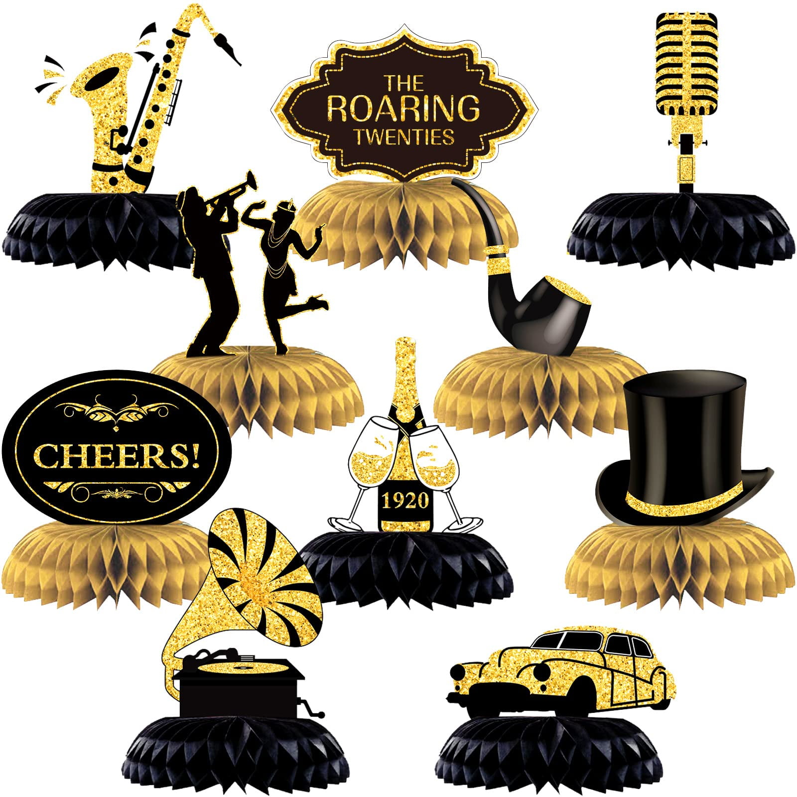 10 Pieces Roaring 1920's Party Honeycomb Centerpiece Decorations Black ...