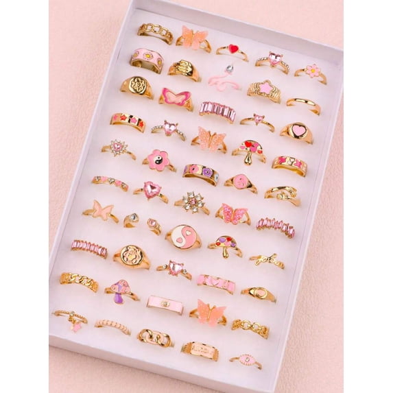 10 Pink Rhinestone Pinky Rings Set – Goldtone Adjustable Butterfly ...