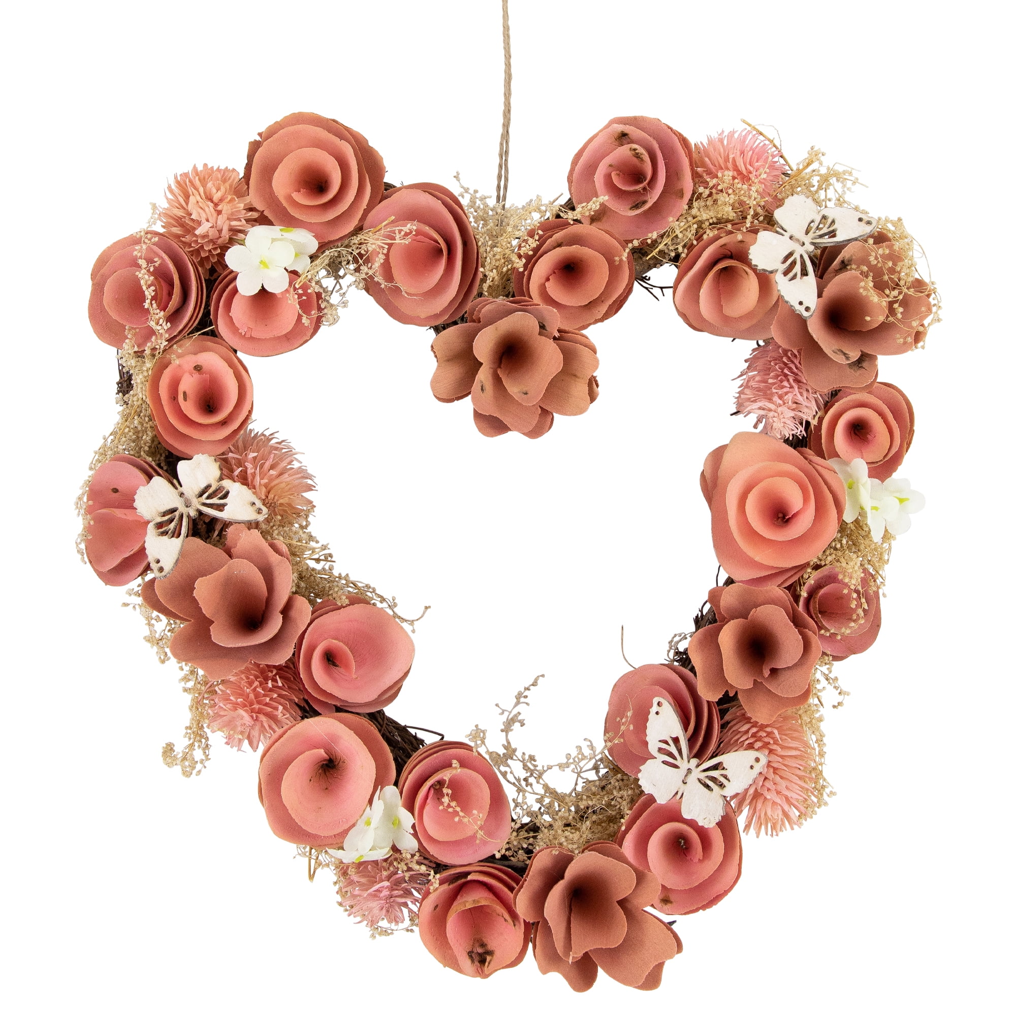 Northlight 10" Pink Wooden Rose Heart Spring Wreath with Butterflies ...