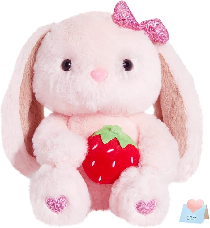 10" Plush Bunny Rabbit Stuffed Animal Pink Easter Floppy Ear Bunny Plush Rabbit with Strawberry ...
