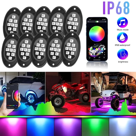 10 Pods RGB LED Rock Lights, Waterproof Multicolor Neon Underglow Light ...