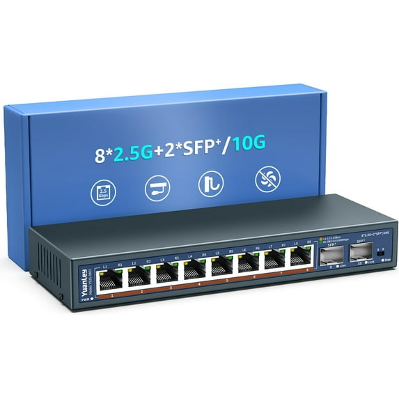 10 Port 2.5G Unmanaged Ethernet Switch, 8 x 2.5G Base-T Ports, 2 x 10G ...