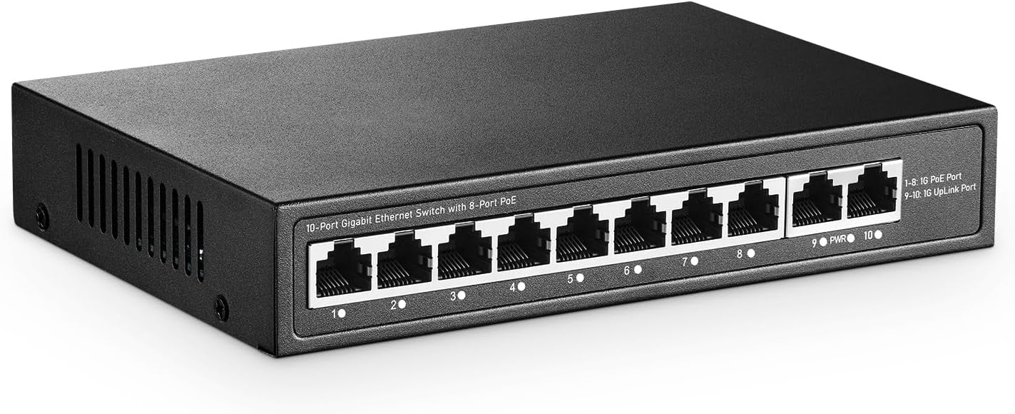 10 Port Mini Gigabit PoE Switch with 8 PoE+ Port, 2 Gigabit RJ45 Uplink ...