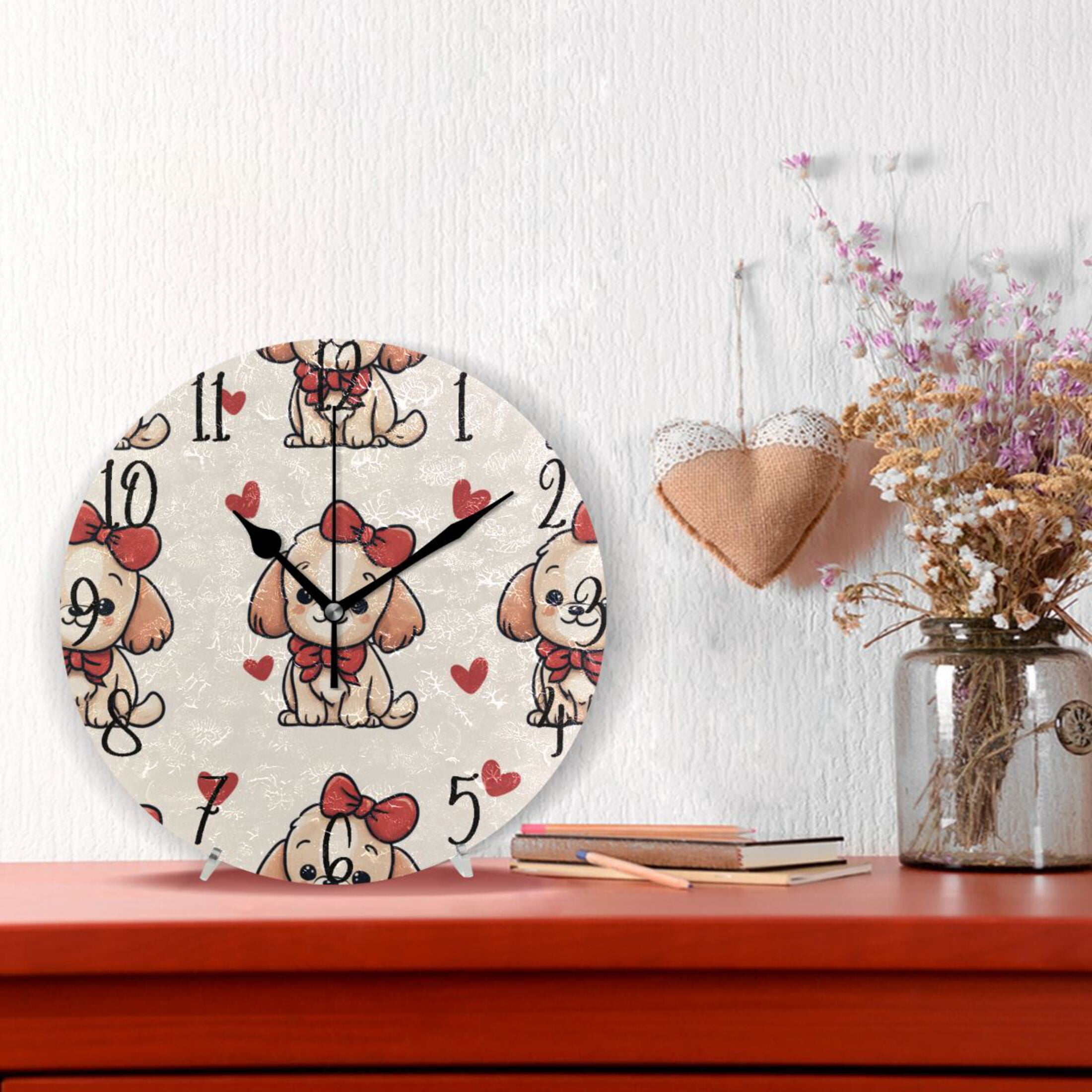 10" Quartz Indoor Wall Clock Silent Mechanism - Cute Sweet Puppy Hearts ...