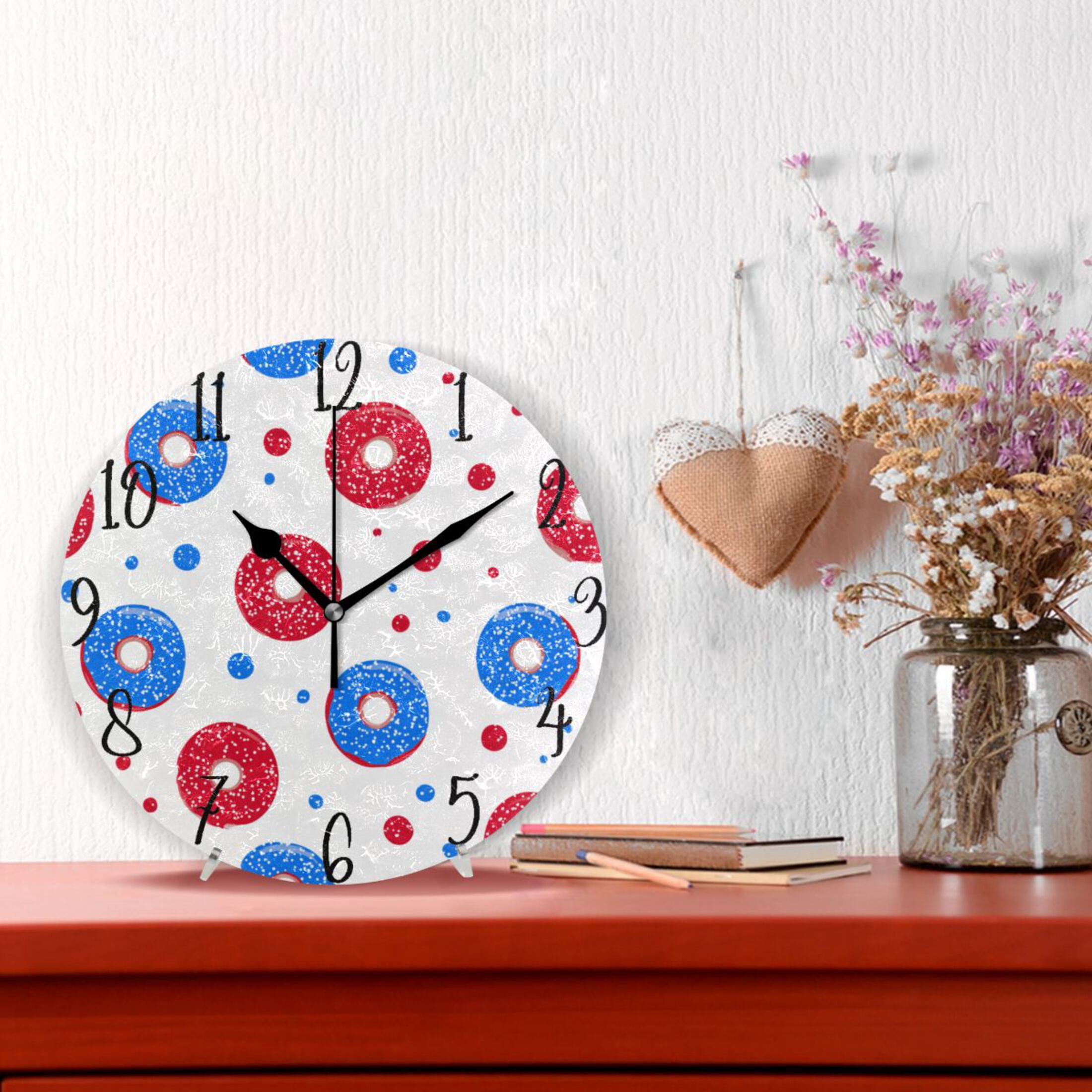 10" Quartz Indoor Wall Clock Silent Mechanism - Fun Red Blue Donut ...