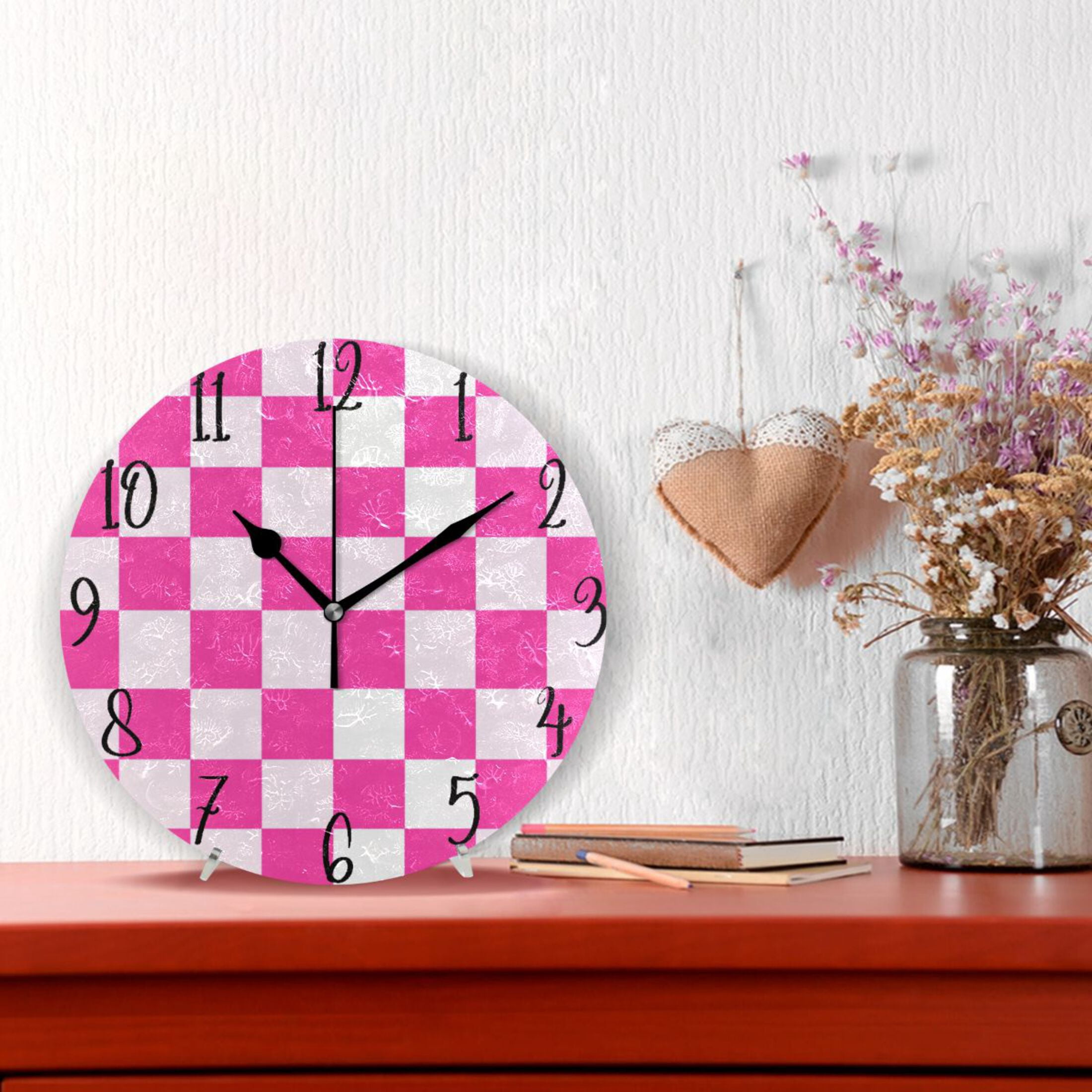 10" Quartz Indoor Wall Clock Silent Mechanism / Hot Pink Checkered ...