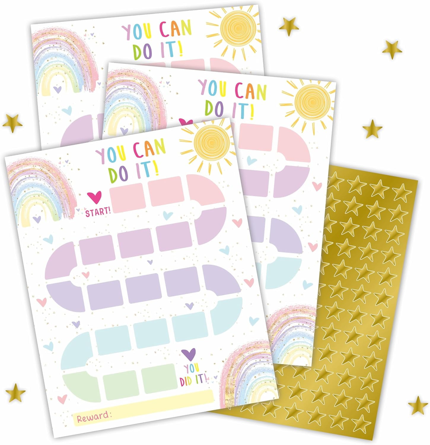 10 Reward Chart with 206 Golden Star Stickers-Boho Rainbow Theme ...
