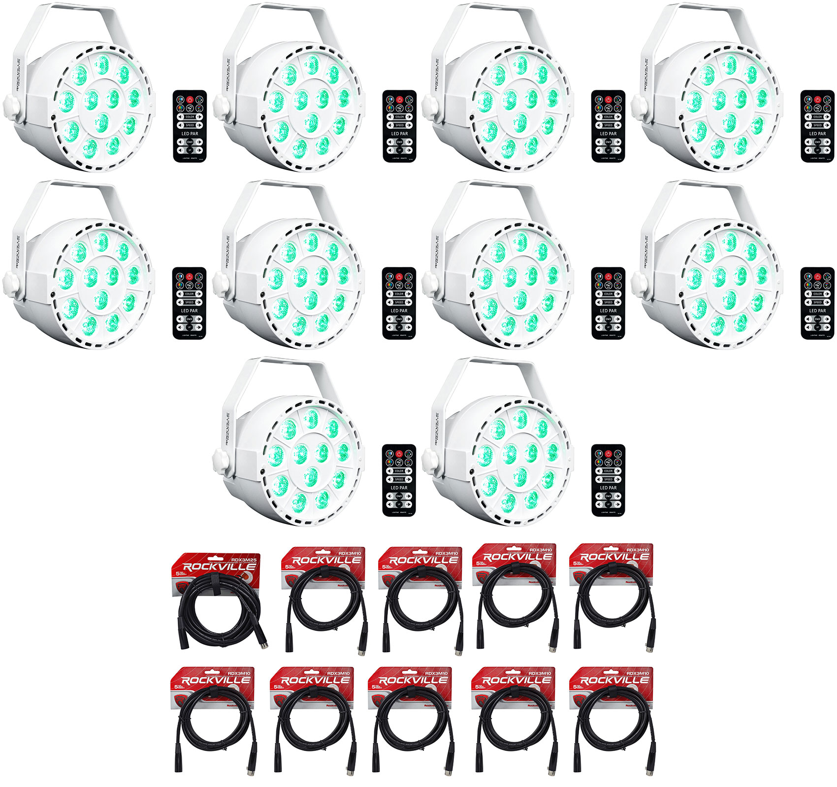 (10) Rockville RockPAR TRI LED RGB DJ White DMX Par Wash Lights+Remotes ...