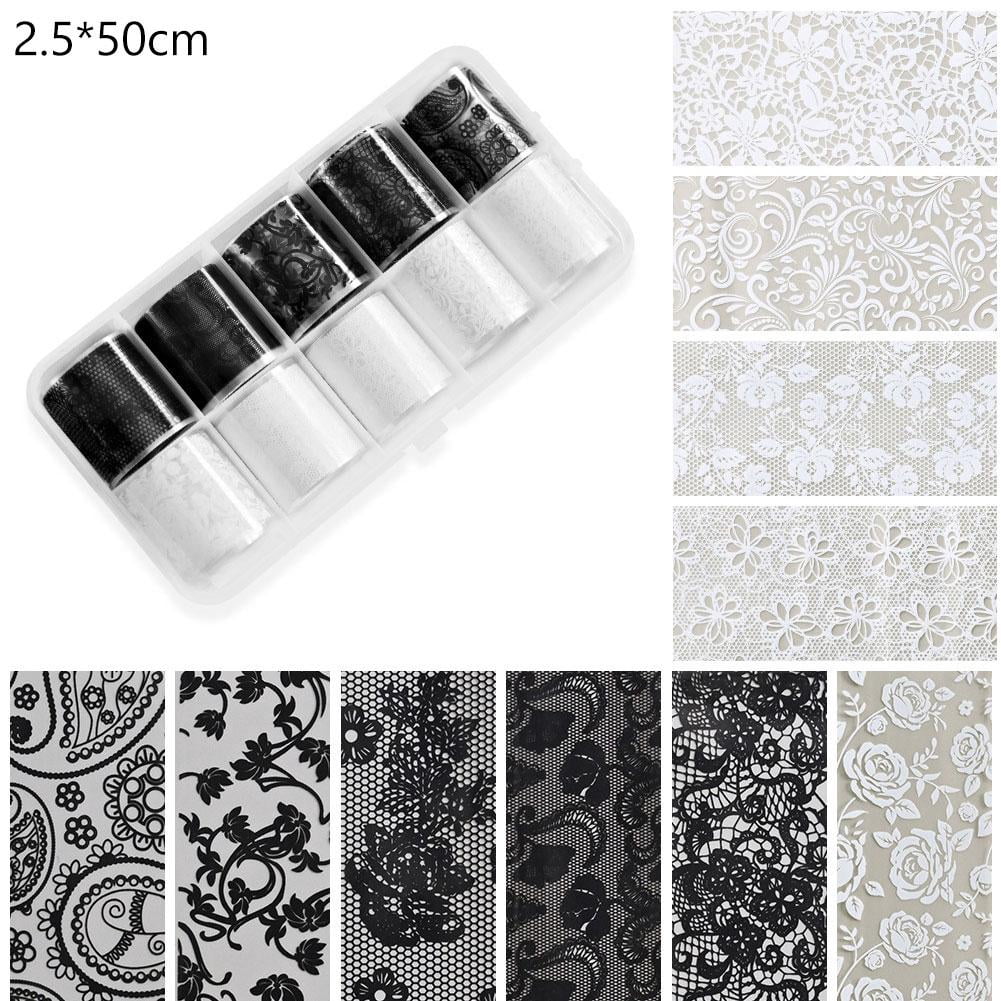 10 Rolls Lace Nail Foil, Black and White Self Adhesive Strips for Nail ...