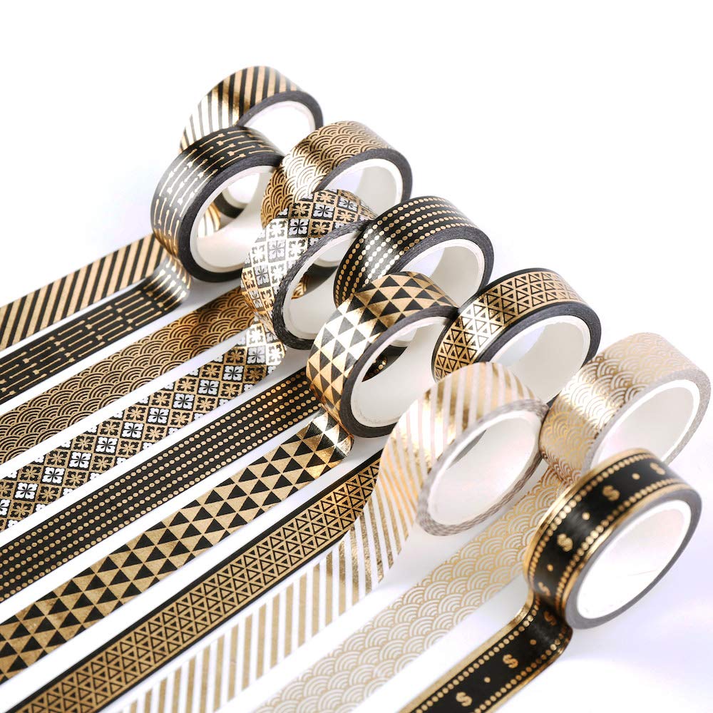 10 Rolls Washi Tape Set Black Gold Foil Print Decorative Tapes for Arts ...