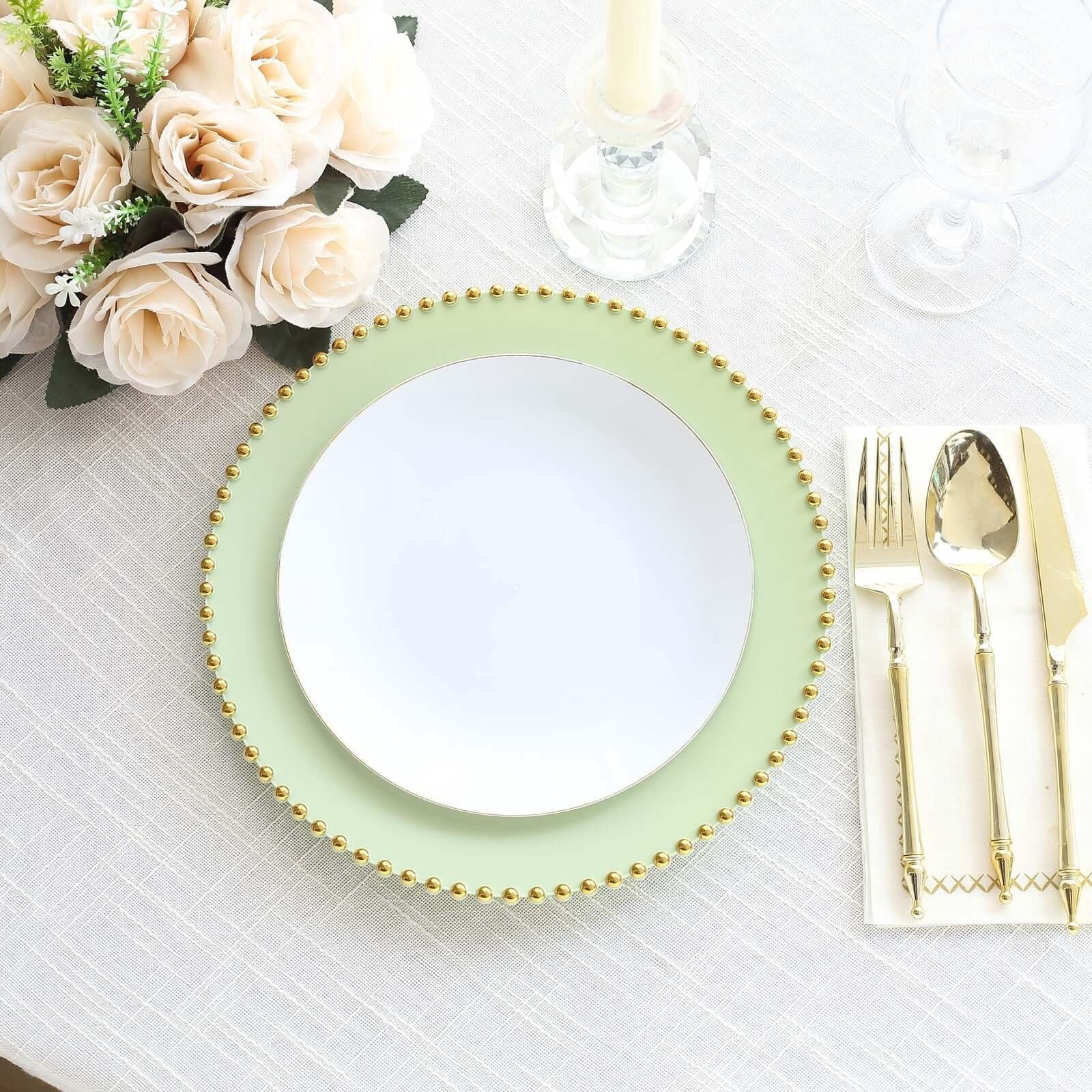 10 Round 10" Sage Green Gold Disposable Plastic Salad Plates Beaded ...