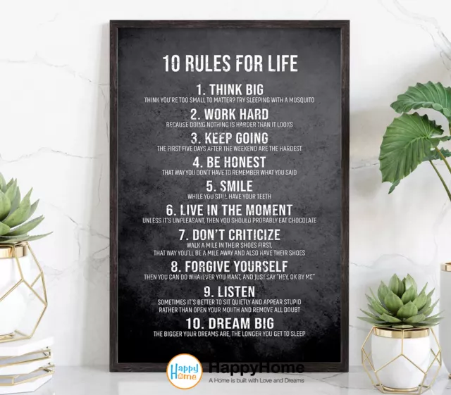 10 Rules For Life Motivational Inspirational Quote Wall Art Canvas ...