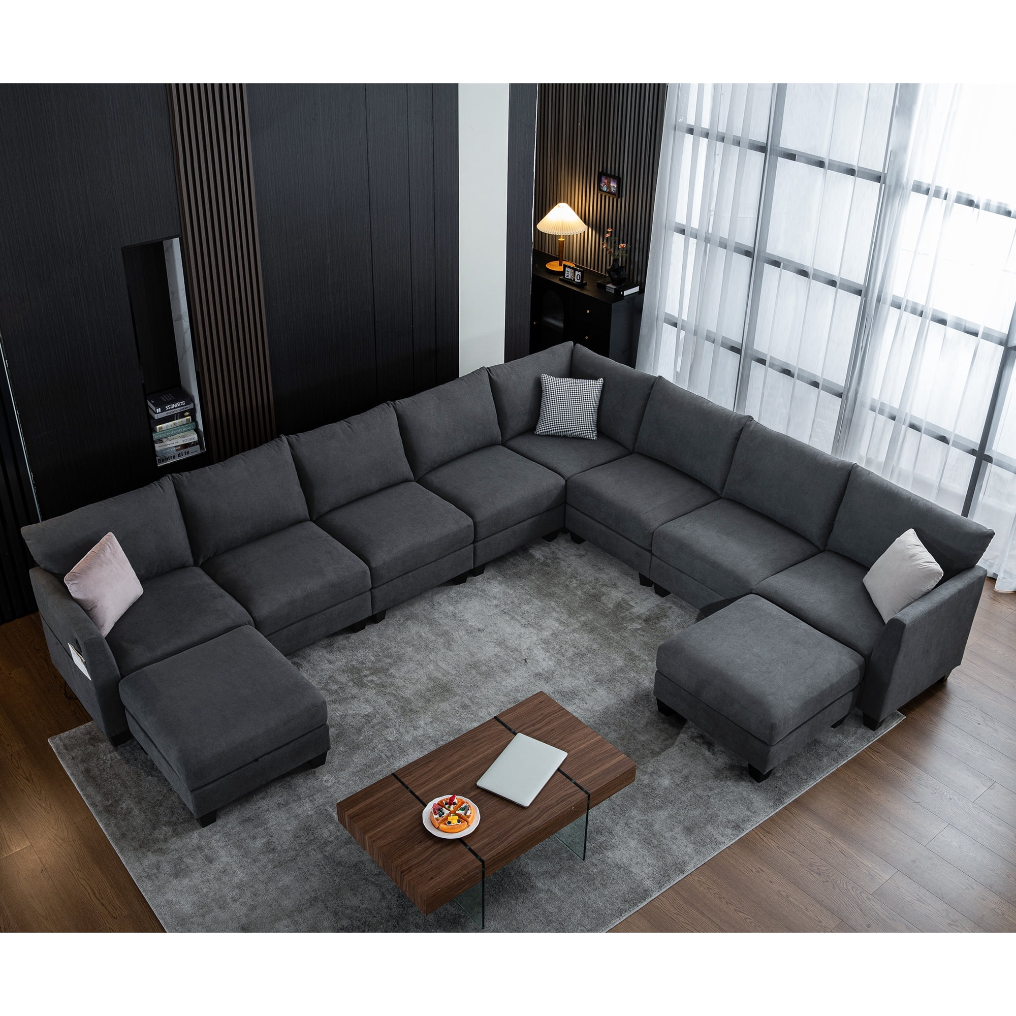 10-Seat L-Shaped Modular Sectional Sofa with Storage Ottoman & USB ...