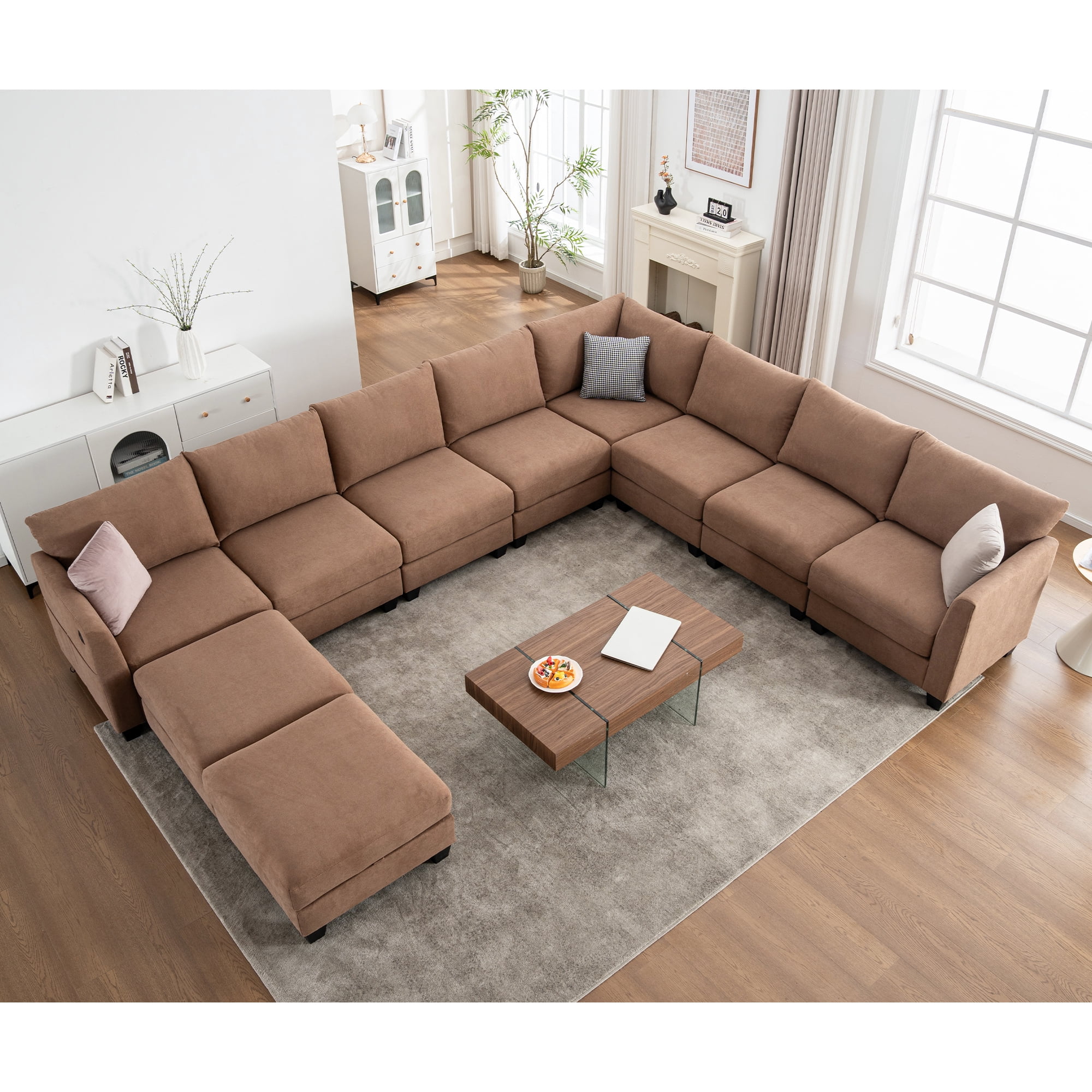 10-Seat L-Shaped Modular Sectional Sofa with Storage Ottoman & USB ...