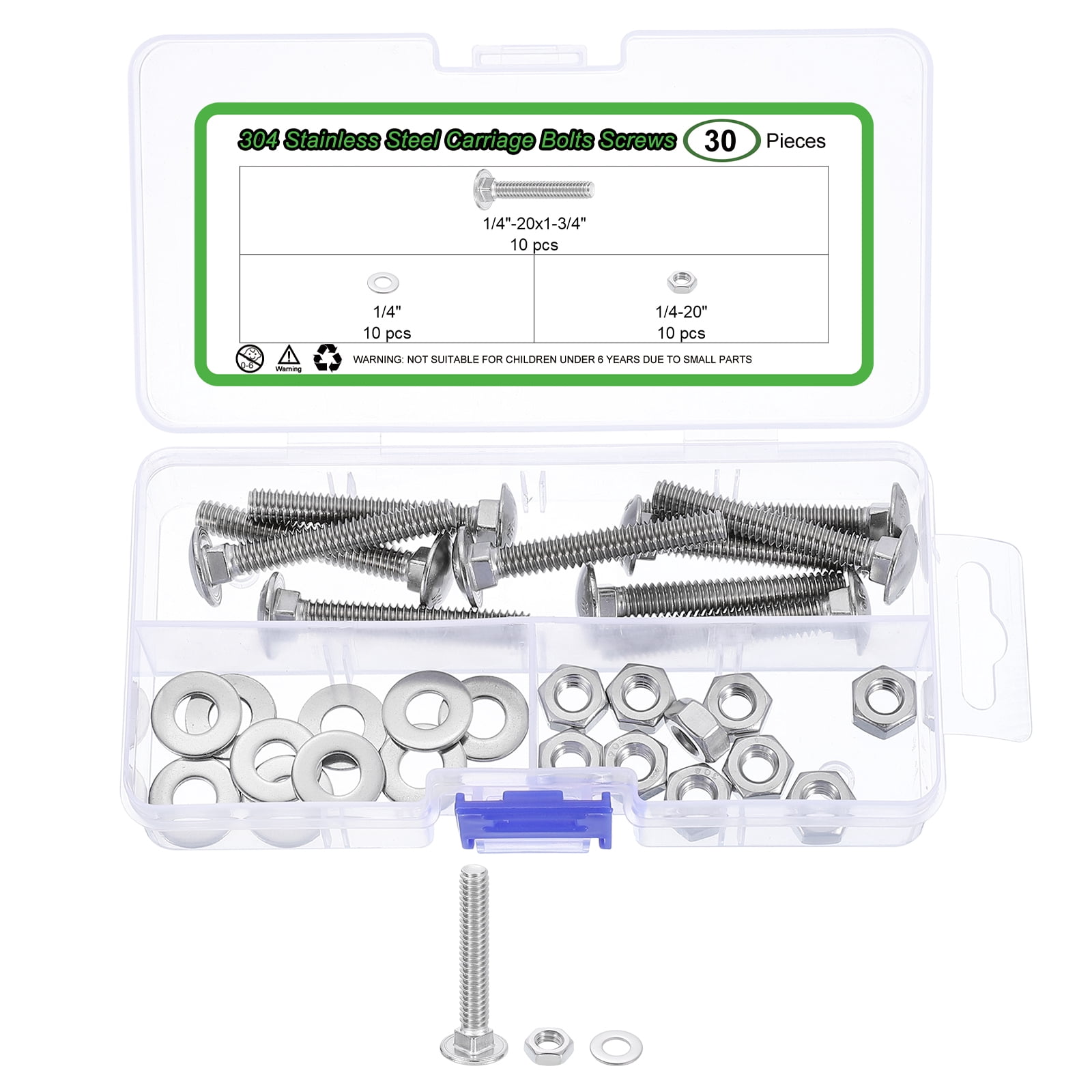 10 Set Carriage Bolts and Nuts Kit, 1/4"-20x1-3/4" Stainless Steel 304 ...
