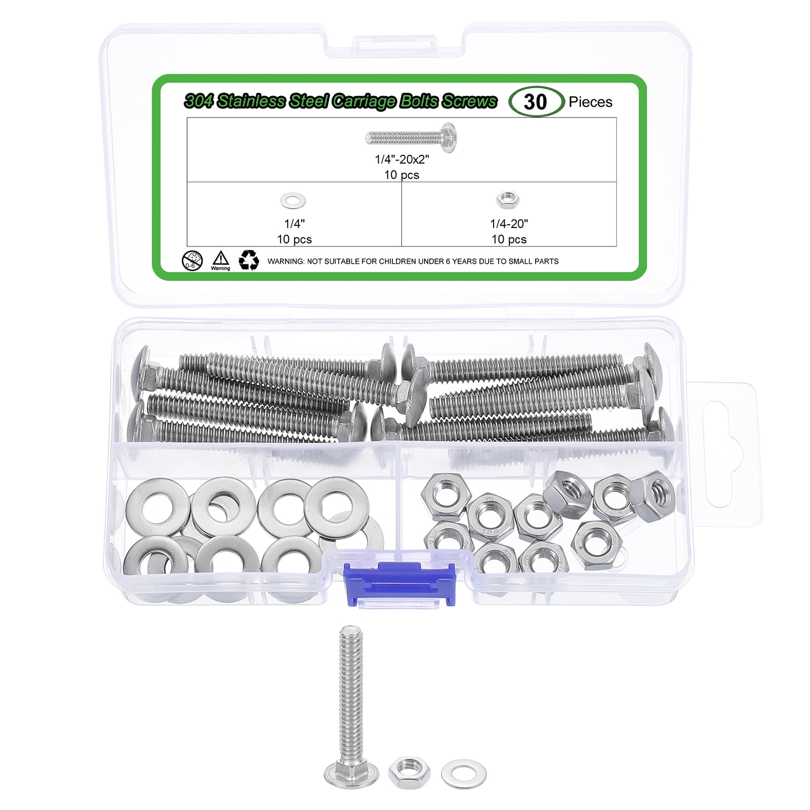 10 Set Carriage Bolts and Nuts Kit, 1/4"-20x2" Stainless Steel 304 ...
