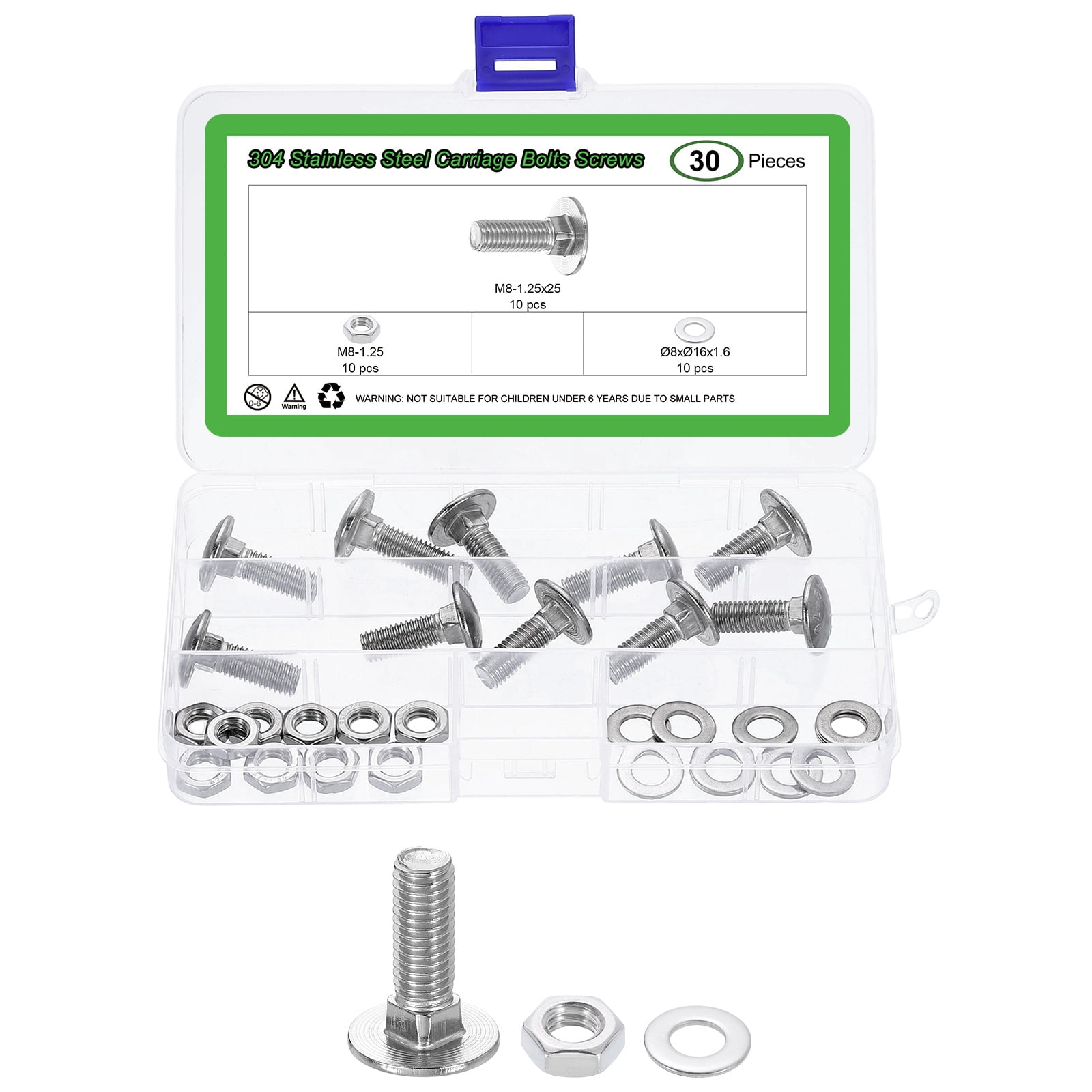 10 Set Carriage Bolts and Nuts Kit, M8-1.25x25 Stainless Steel 304 ...