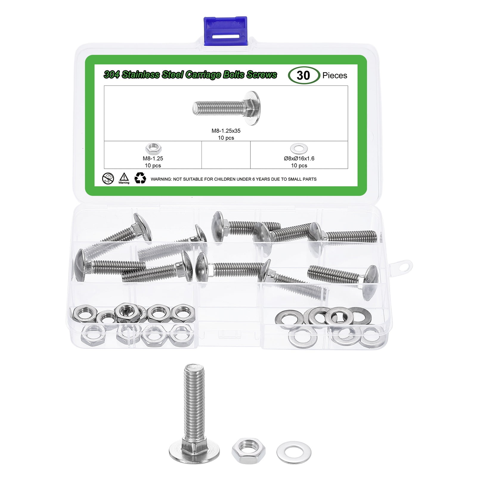 10 Set Carriage Bolts and Nuts Kit, M8-1.25x35 Stainless Steel 304 ...