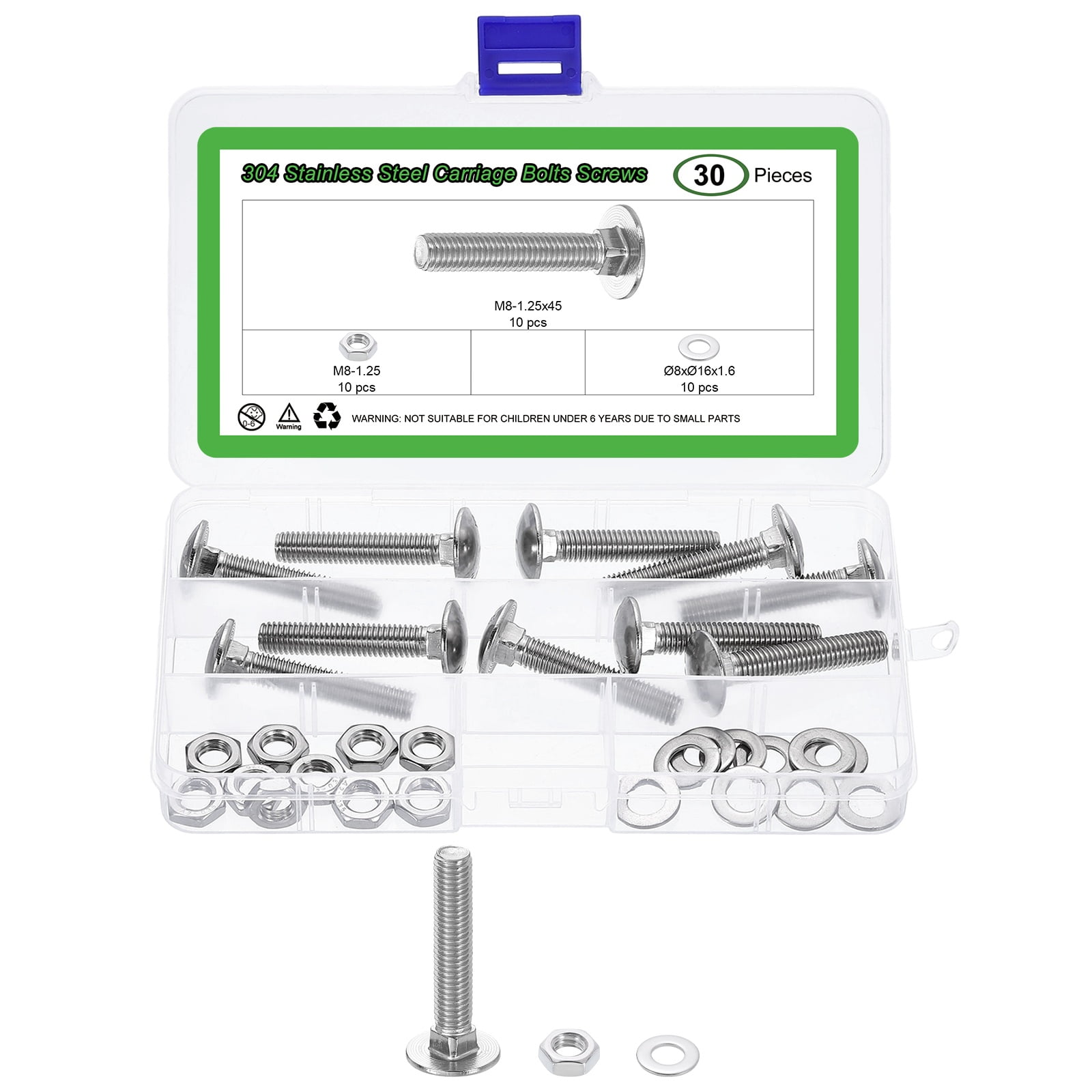 10 Set Carriage Bolts and Nuts Kit, M8-1.25x45 Stainless Steel 304 ...