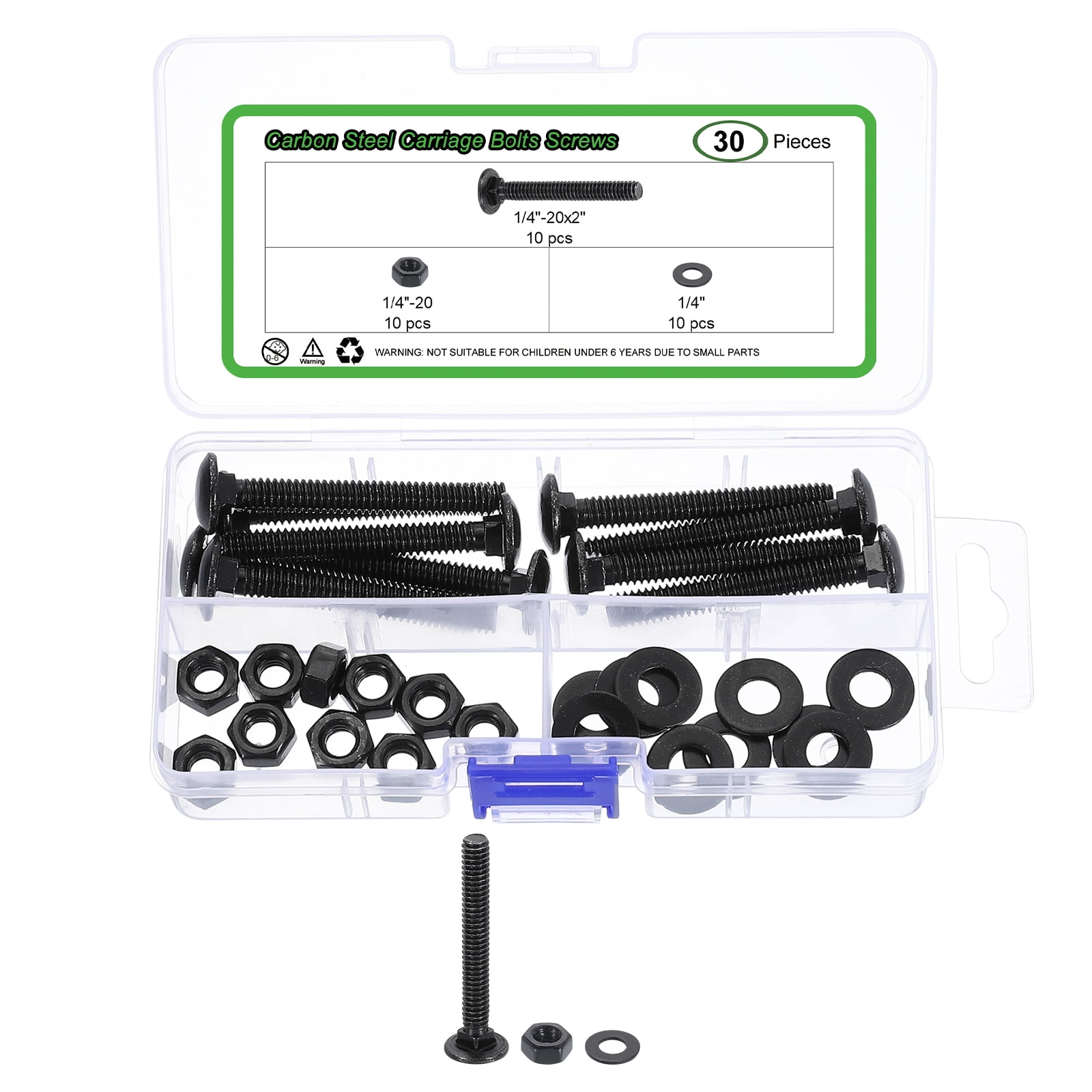 10 Set Carriage Bolts and Nuts Kit, 1/4"-20x2" Carbon Steel Round Head ...