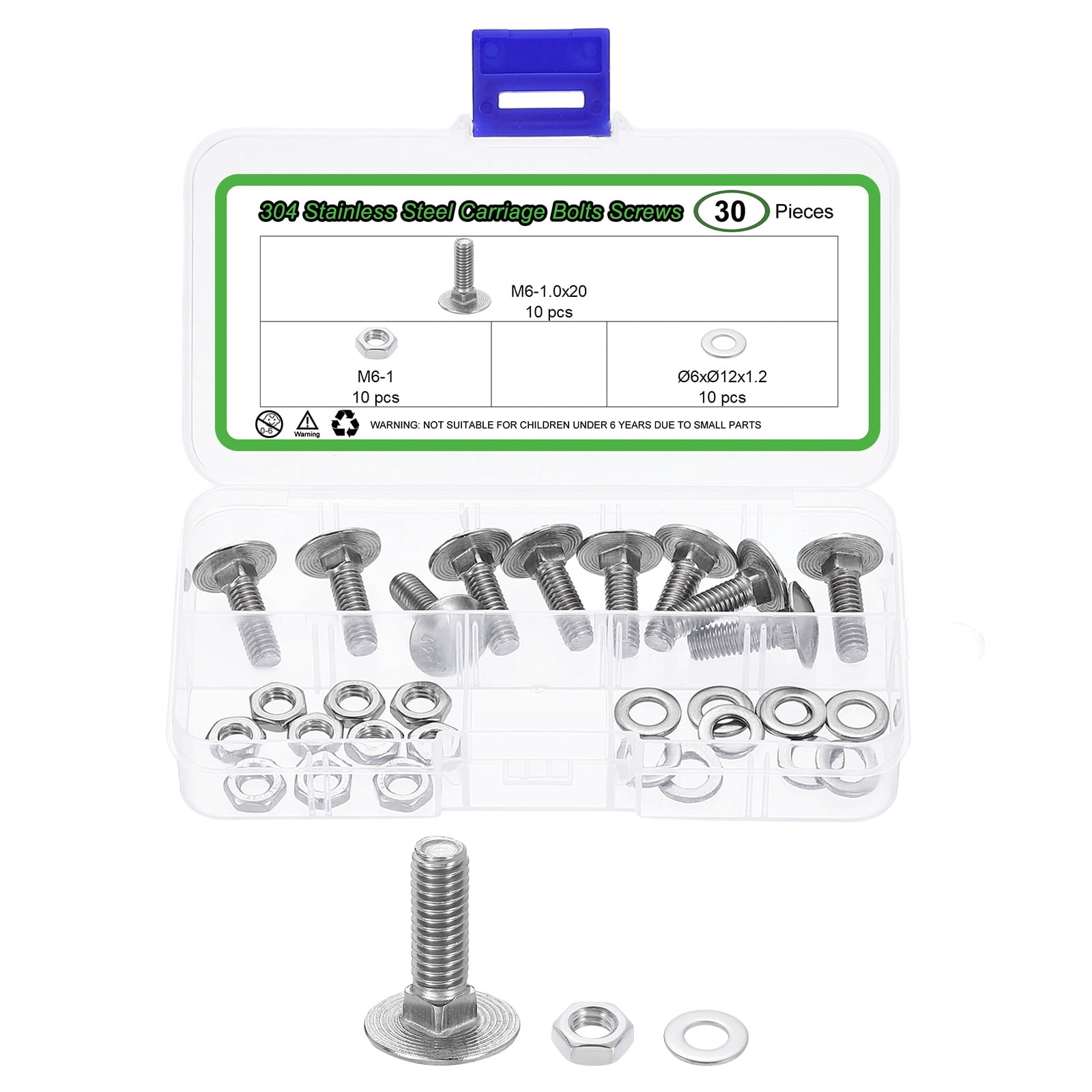 10 Set Carriage Bolts and Nuts Kit, M6-1.0x20 Stainless Steel 304 Round ...