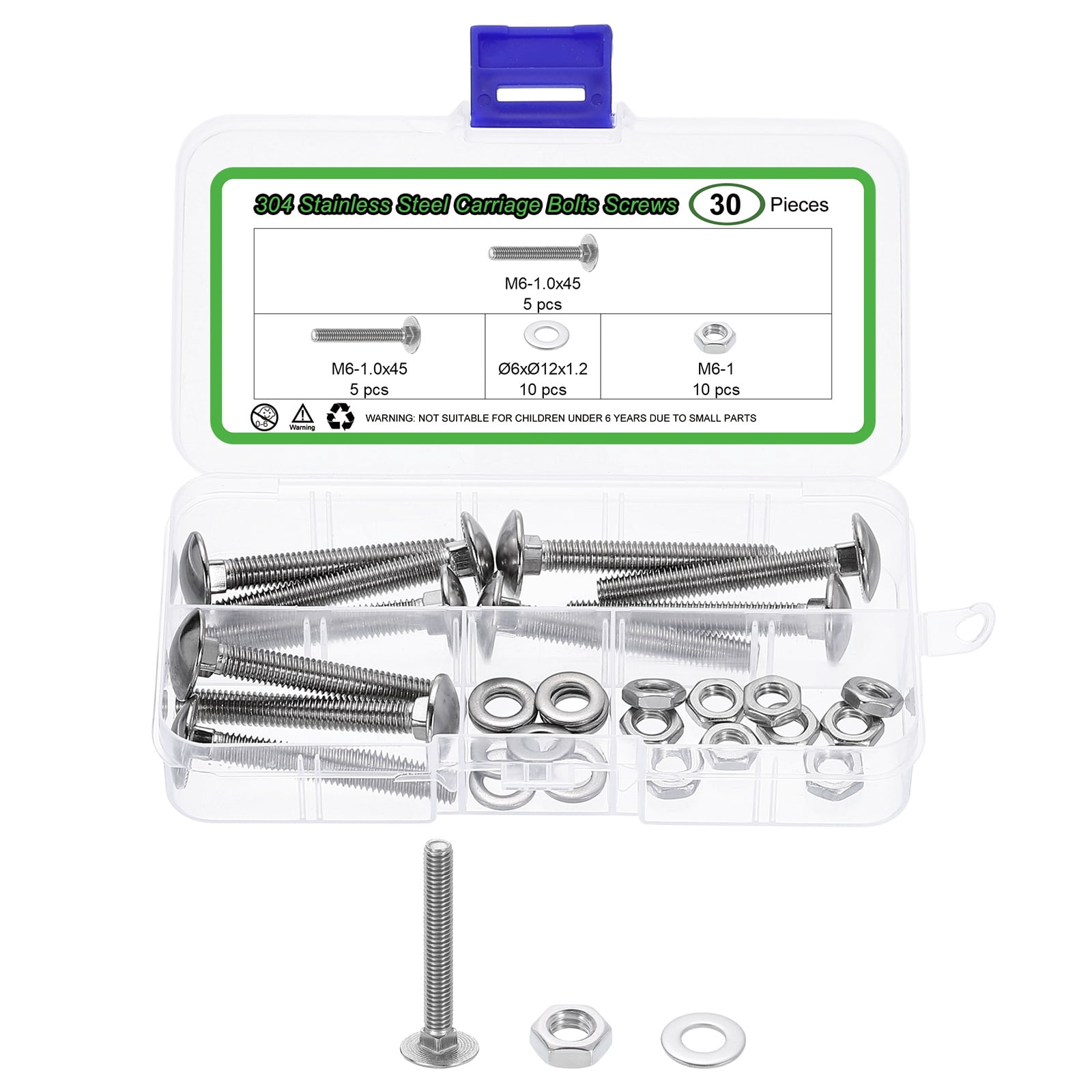 10 Set Carriage Bolts and Nuts Kit, M6-1.0x45 Stainless Steel 304 Round ...