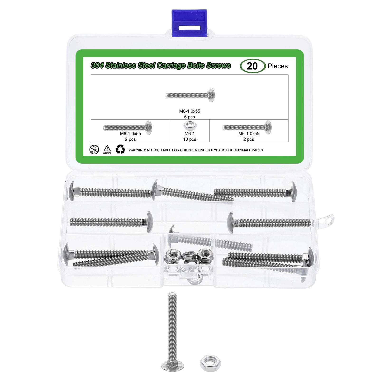 10 Set Carriage Bolts and Nuts Kit, M6-1.0x55 Stainless Steel 304 Round ...