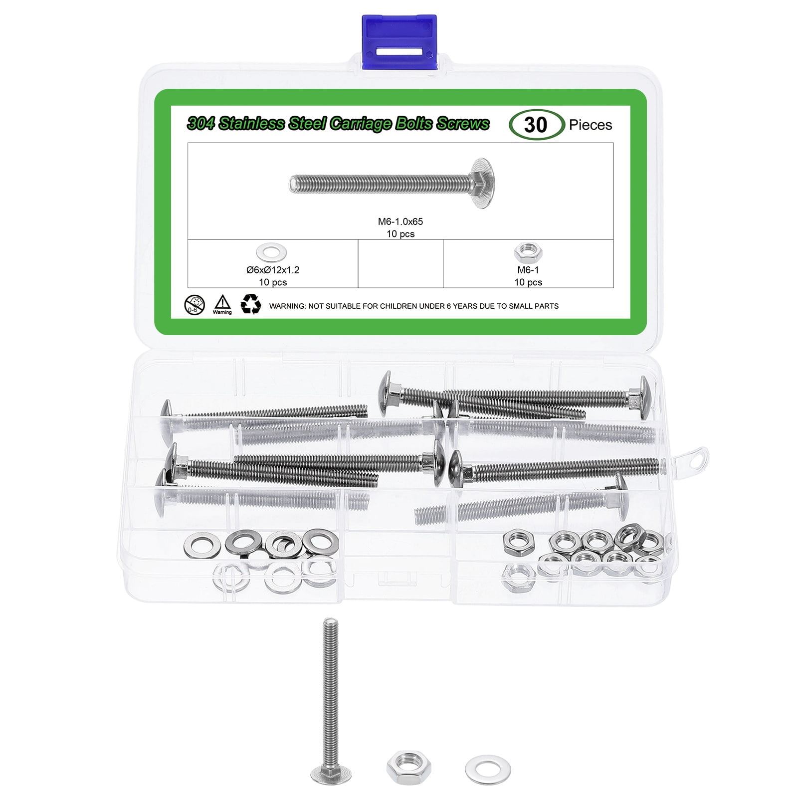 10 Set Carriage Bolts and Nuts Kit, M6-1.0x65 Stainless Steel 304 Round Head Square Neck ...
