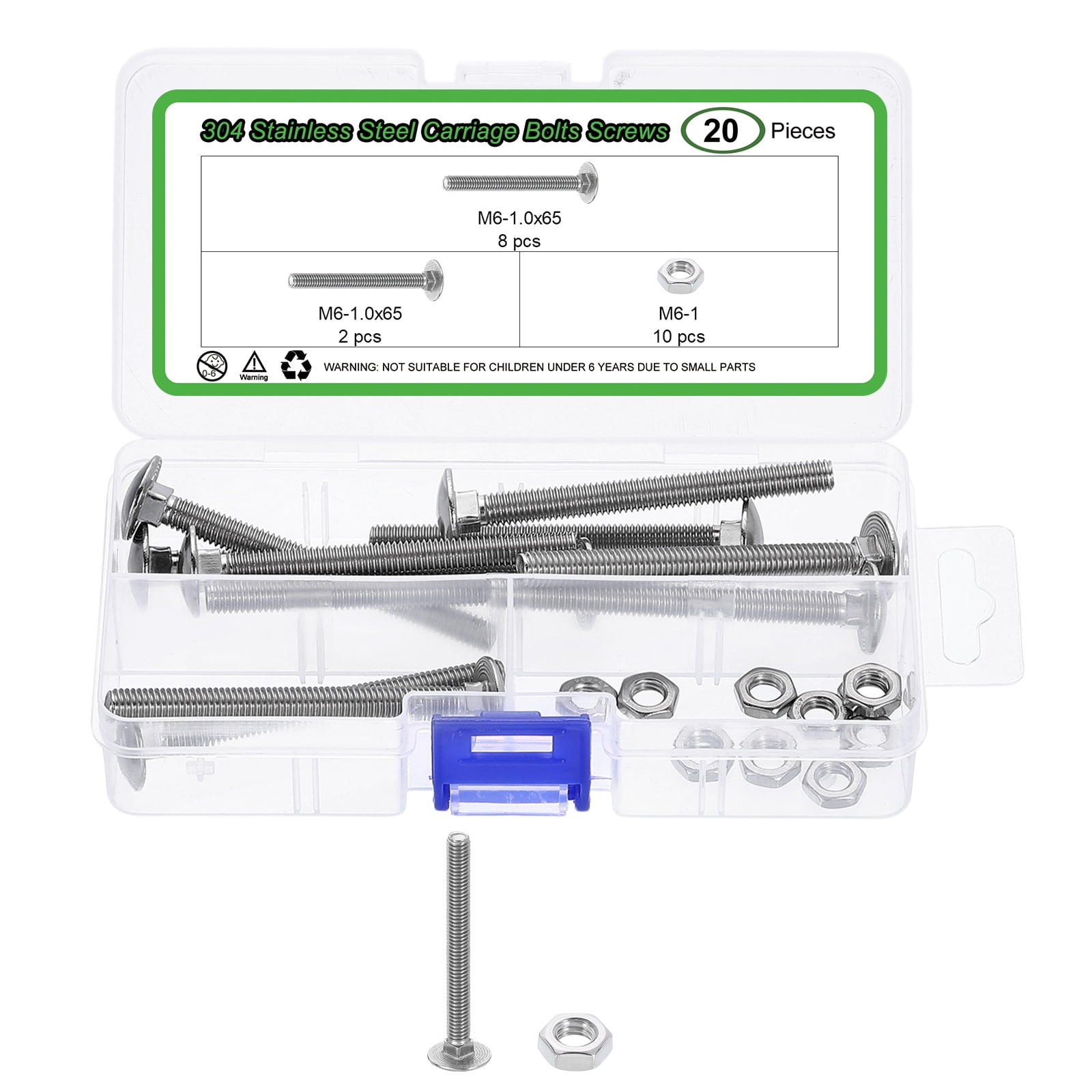 10 Set Carriage Bolts and Nuts Kit, M6-1.0x65 Stainless Steel 304 Round ...