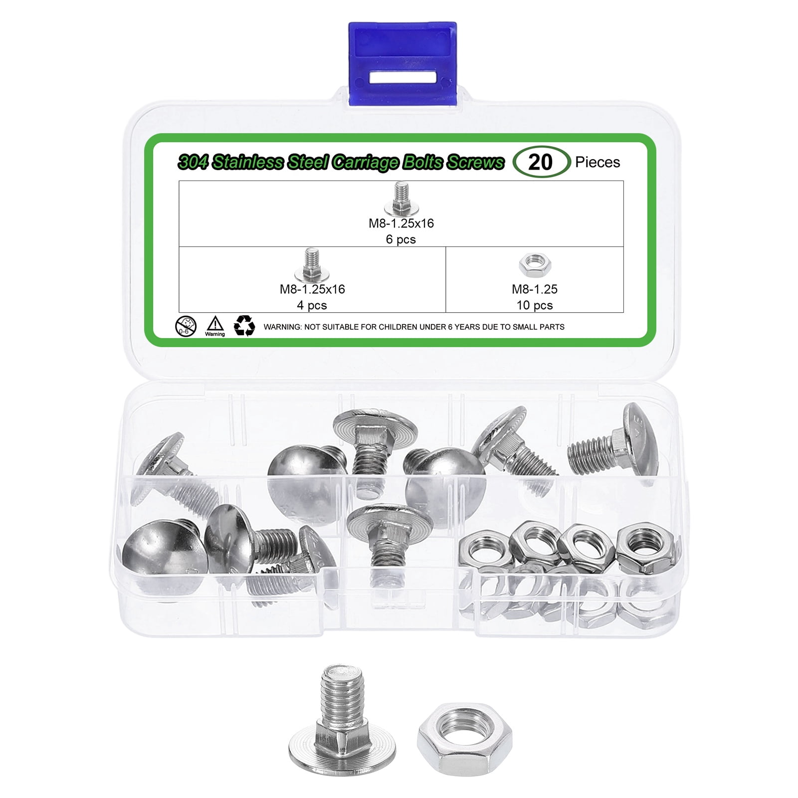 10 Set Carriage Bolts and Nuts Kit, M8-1.25x16 Stainless Steel 304 ...