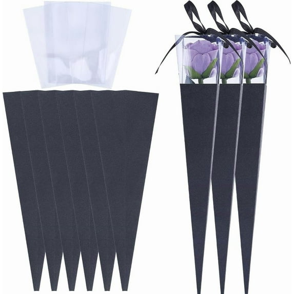 10 Sets Black Single Rose Flower Gift Bags Bouquet Flowers Cone Sleeve ...
