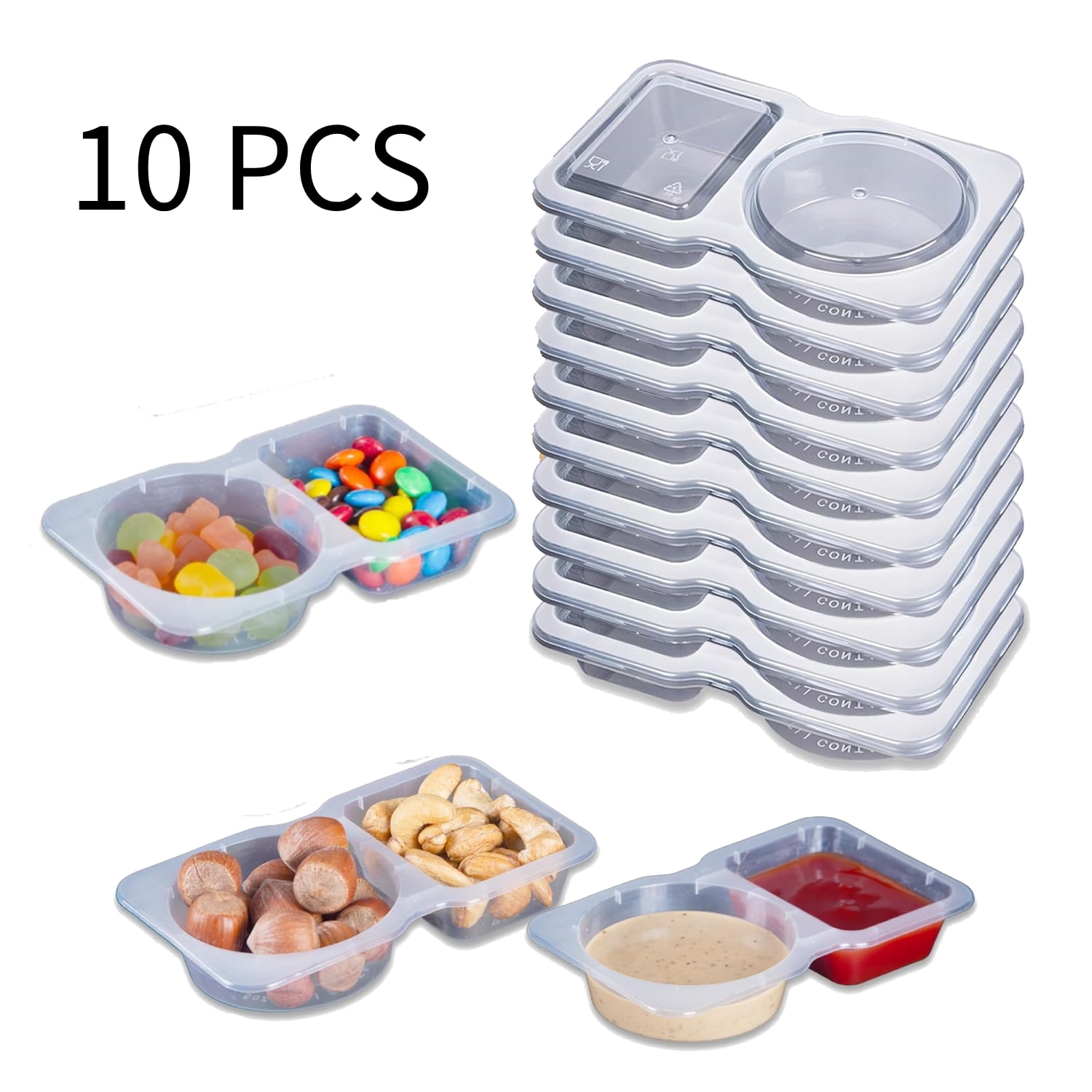 10 Sets Condiment Container with Lid, Disposable Double Compartment Plastic Container for Sauce ...