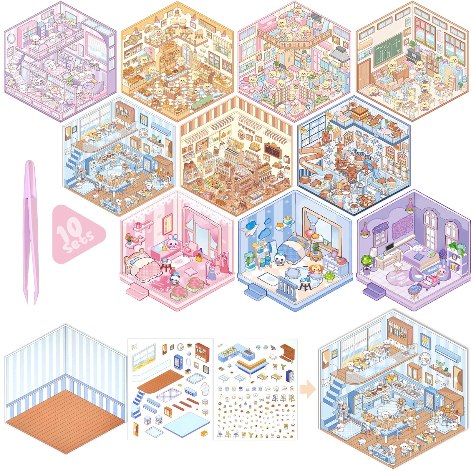 10 Sets DIY 3D Stickers Scene for Adults Teen Kids,3D House Sticker ...