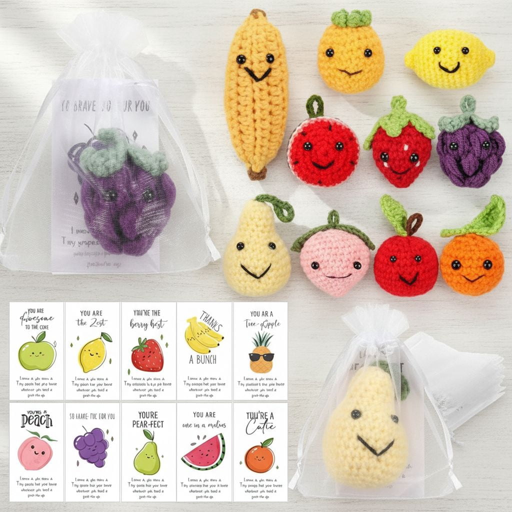 10 Sets Inspirational Positive Fruit Gift Cute Funny Wool Knitted Fruit ...