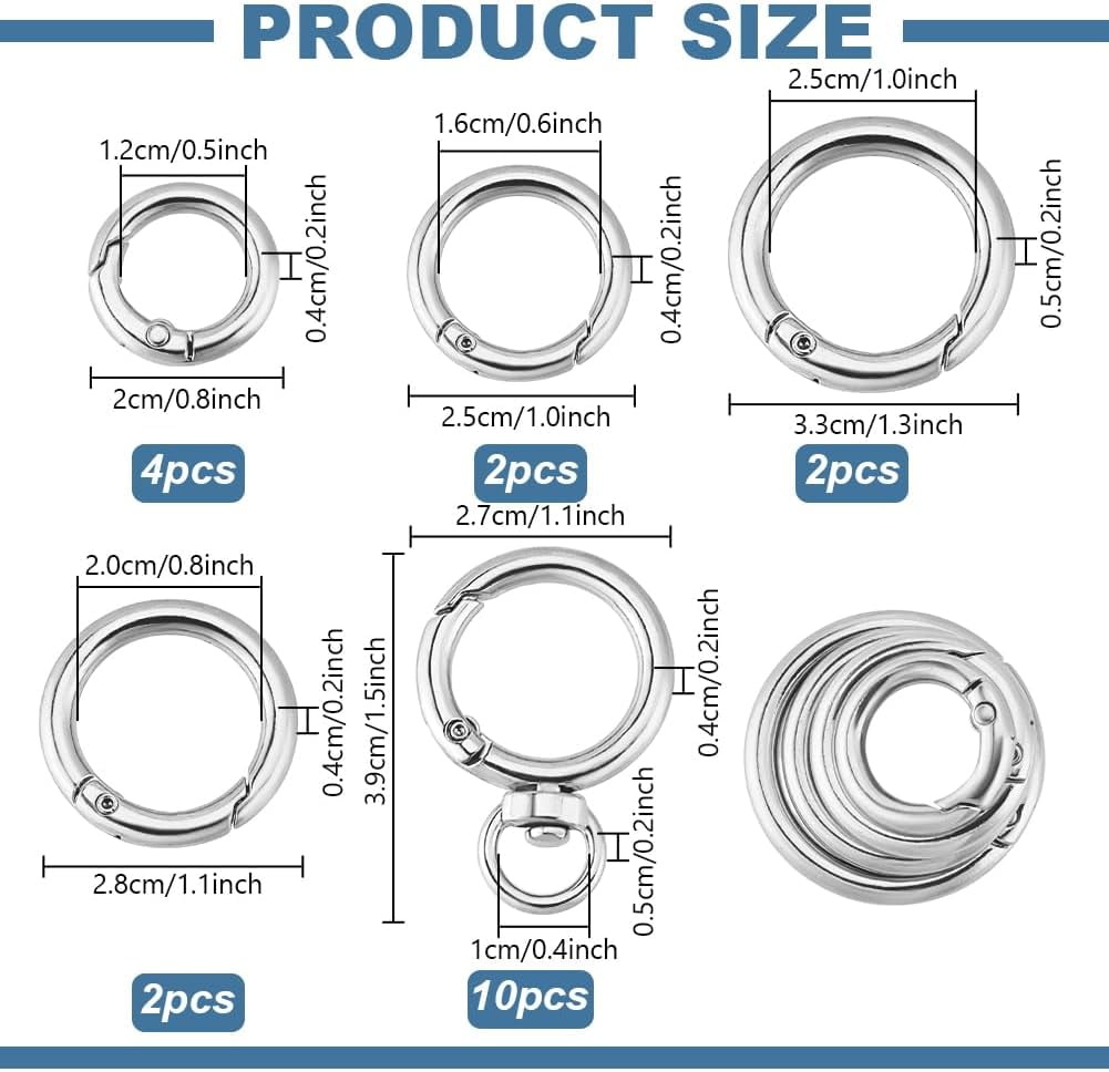 10 Sets Key Ring Clip Spring Carabiner with 10pcs 4 Sizes Key Ring O ...
