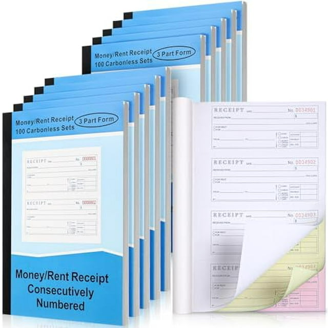 10 Sets Money and Rent Receipt Book 3 Part Carbonless, 7-5/8" x 10-7/8 ...
