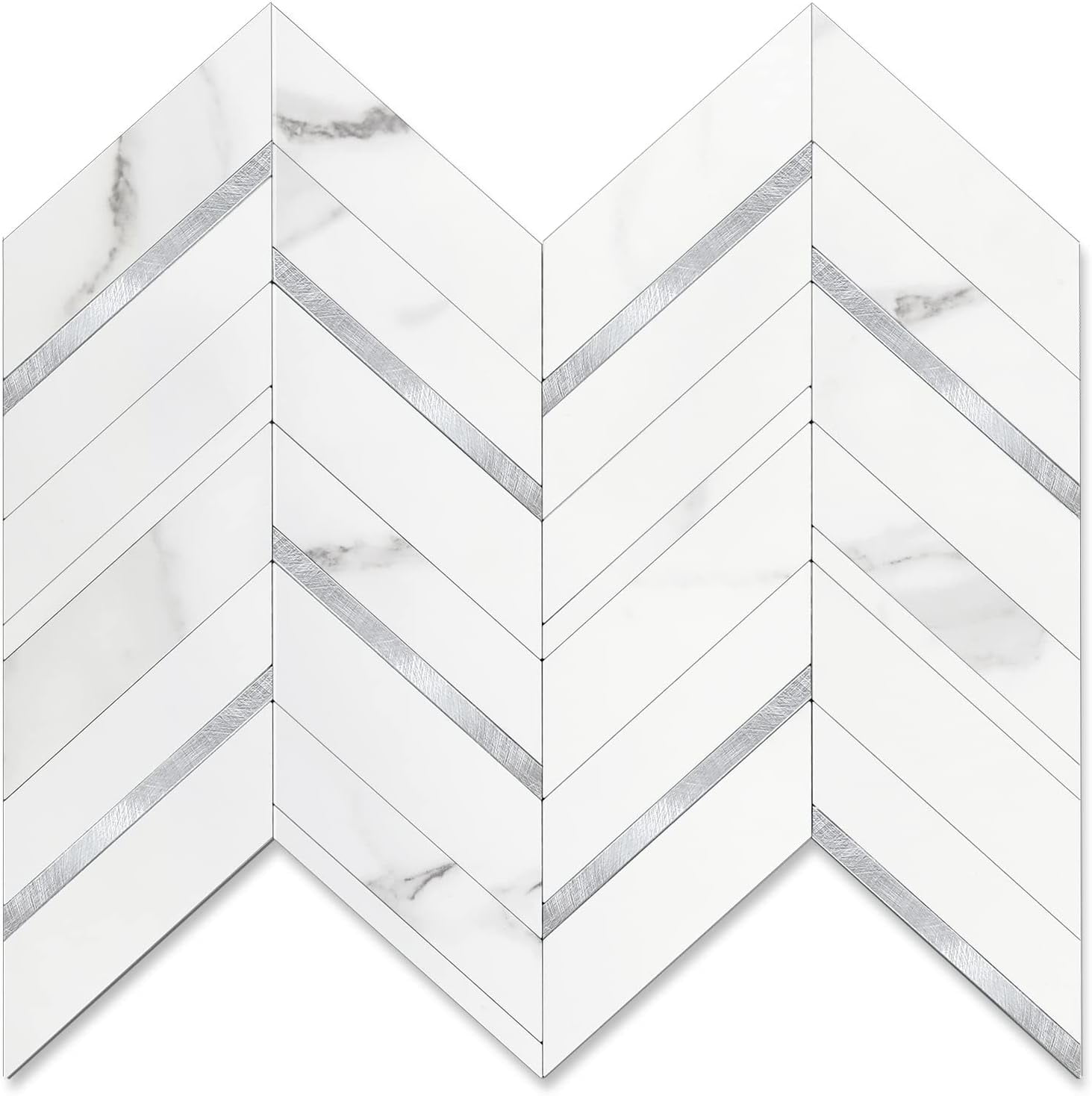 10-Sheet Herringbone Tile Peel and Backsplash, White Marble PVC Mixed ...