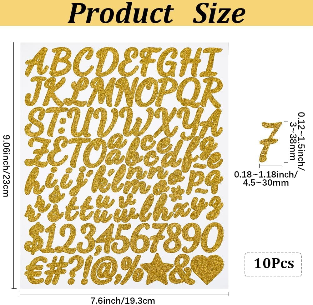 10 Sheets 1 Inch Glitter Alphabet Sticker Gold Letter Number Stickers Vinyl Self Adhesive ...
