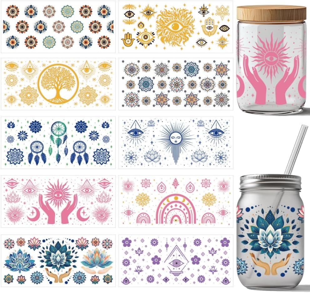 10 Sheets Boho Style UV DTF Cup Wrap Tree of Life Sun and Moon Devil's Eye Rub on Transfers ...