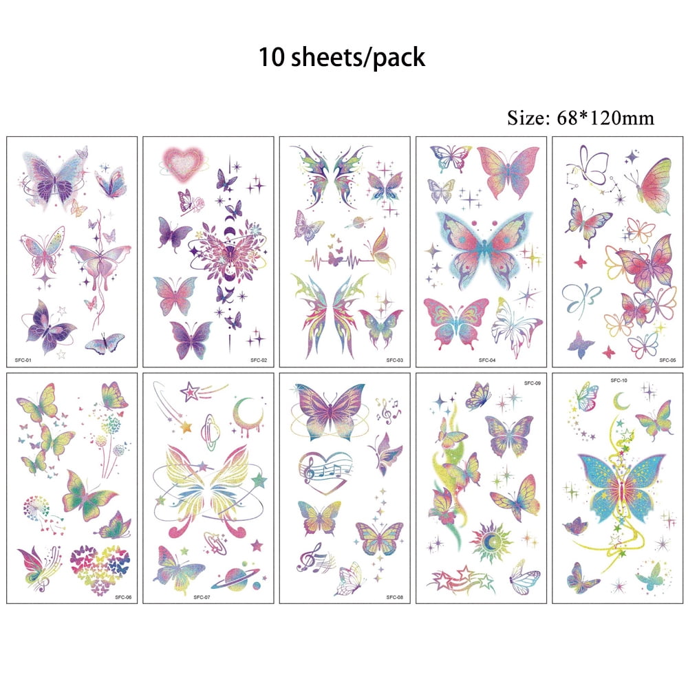10 Sheets Butterfly Fake for Girls Waterproof Mermaid Design Temporary ...