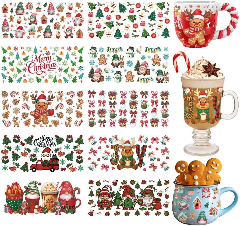 10 Sheets Christmas UV DTF Cup Wraps Red Green Xmas Rub on Transfer ...