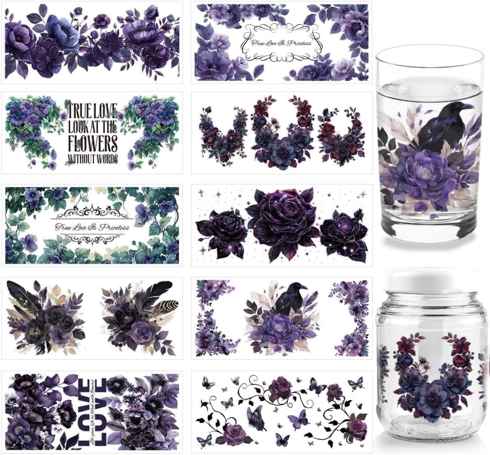 10 Sheets Dark Plants UV DTF Cup Wrap for 16OZ Glass Rose Flower ...