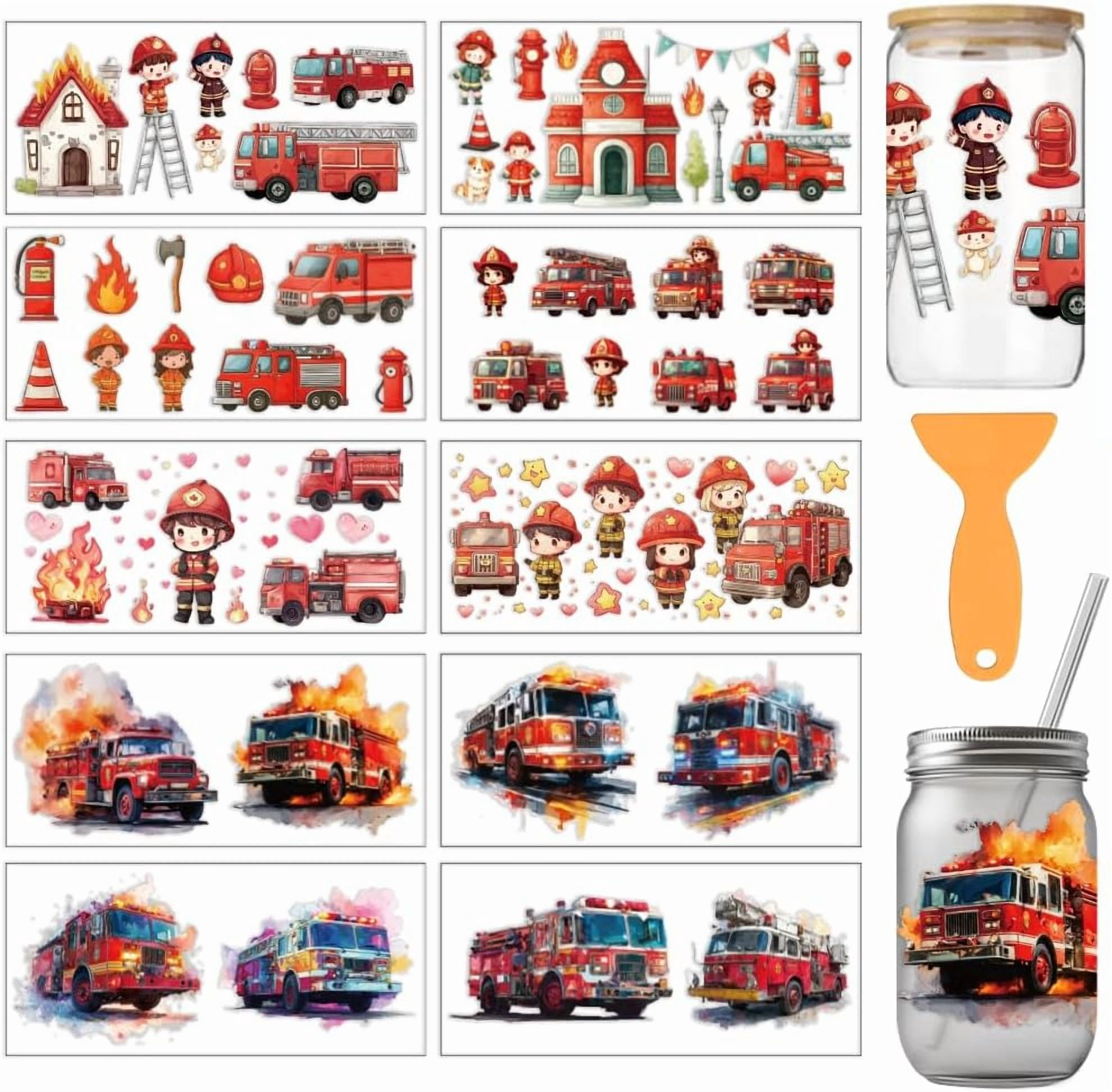 10 Sheets Fire Truck UV DTF Cup Wrap for16OZ Glass Male and Female ...