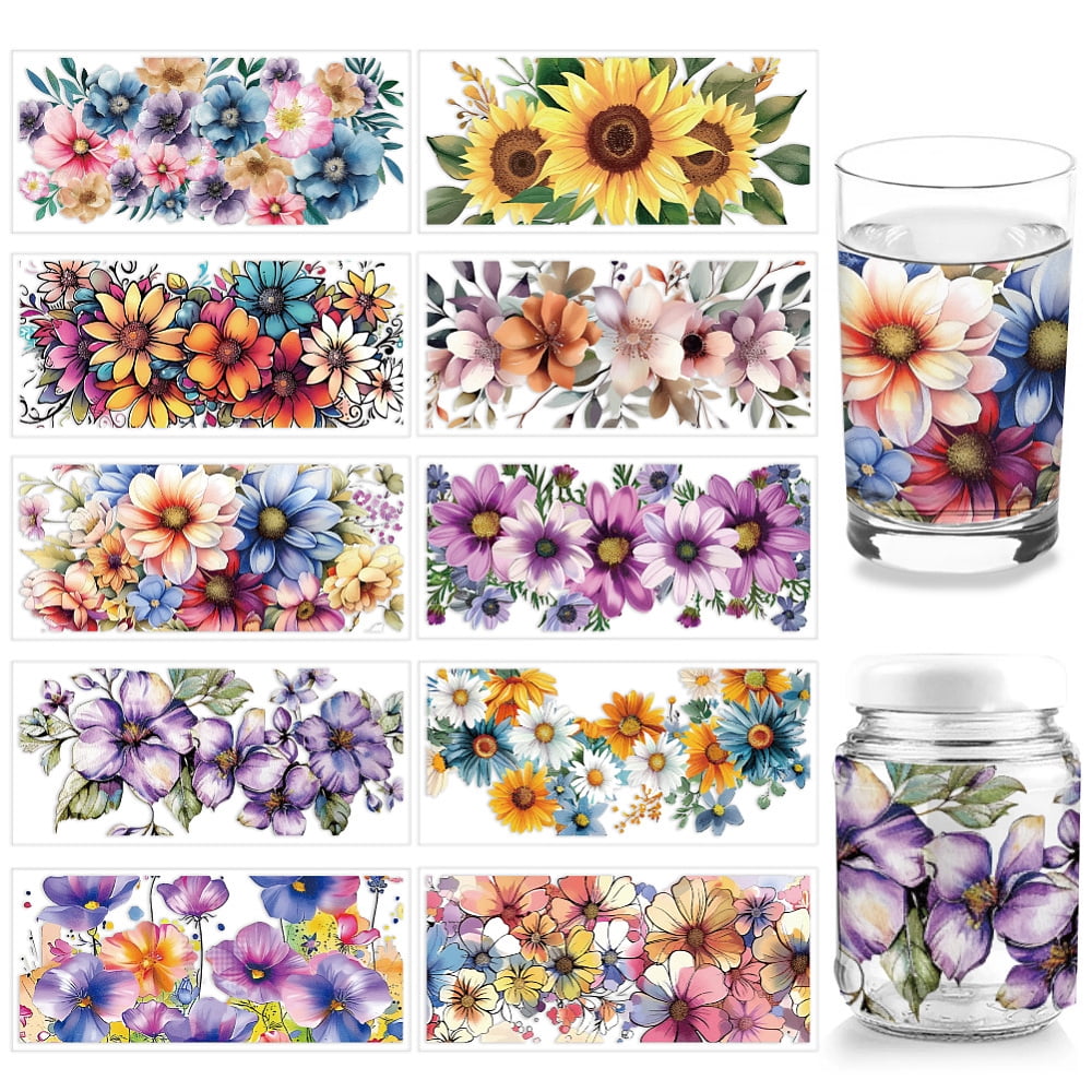 10 Sheets Flower UV DTF Cup Wrap 10 Styles Colorful Sunflower Daisy Rub ...