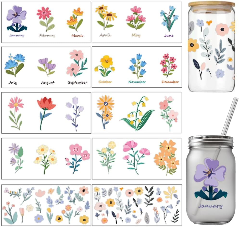 10 Sheets Flowers UV DTF Cup Wraps Colorful Floral Transfer Stickers ...